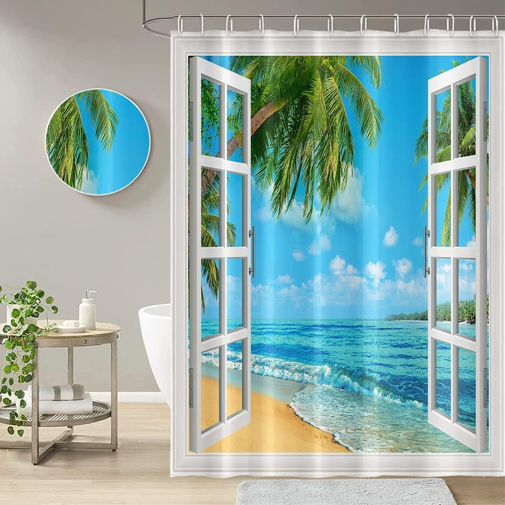 Summer Shower Curtain for Bathroom White Window Blue Sky Sea Water ...
