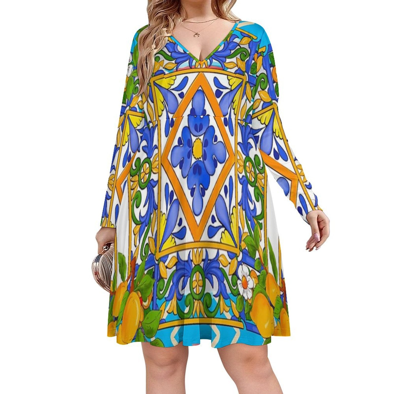 Summer Sicilian Tiles Citrus Lemons Majolica Mediterranean Long Sleeve ...