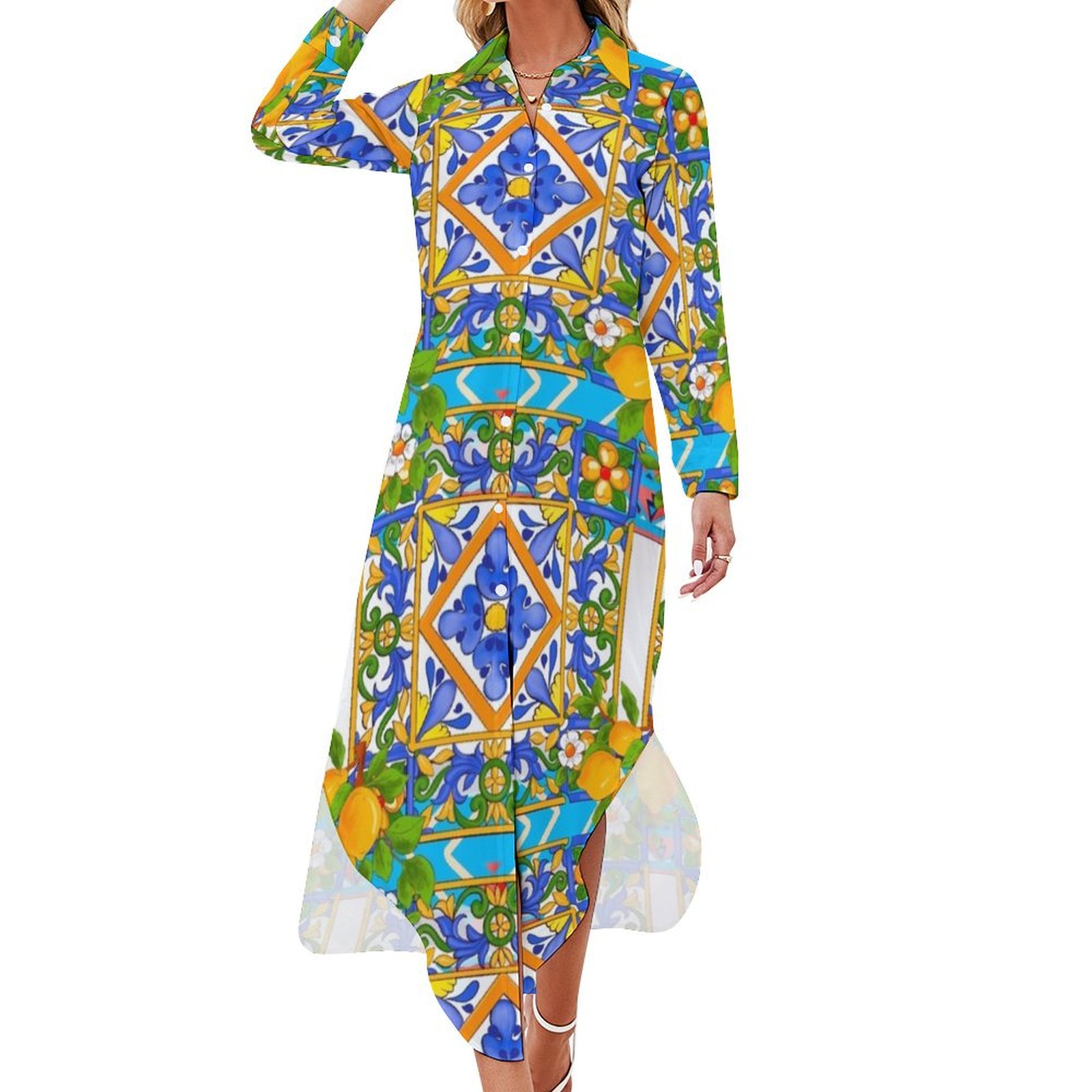 Summer Sicilian tiles citrus lemons majolica Mediterranean Long Sleeved ...