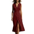 Summer Sleeveless Midi Dress Ruched Wrap Split Sundress Buttons Pleated ...