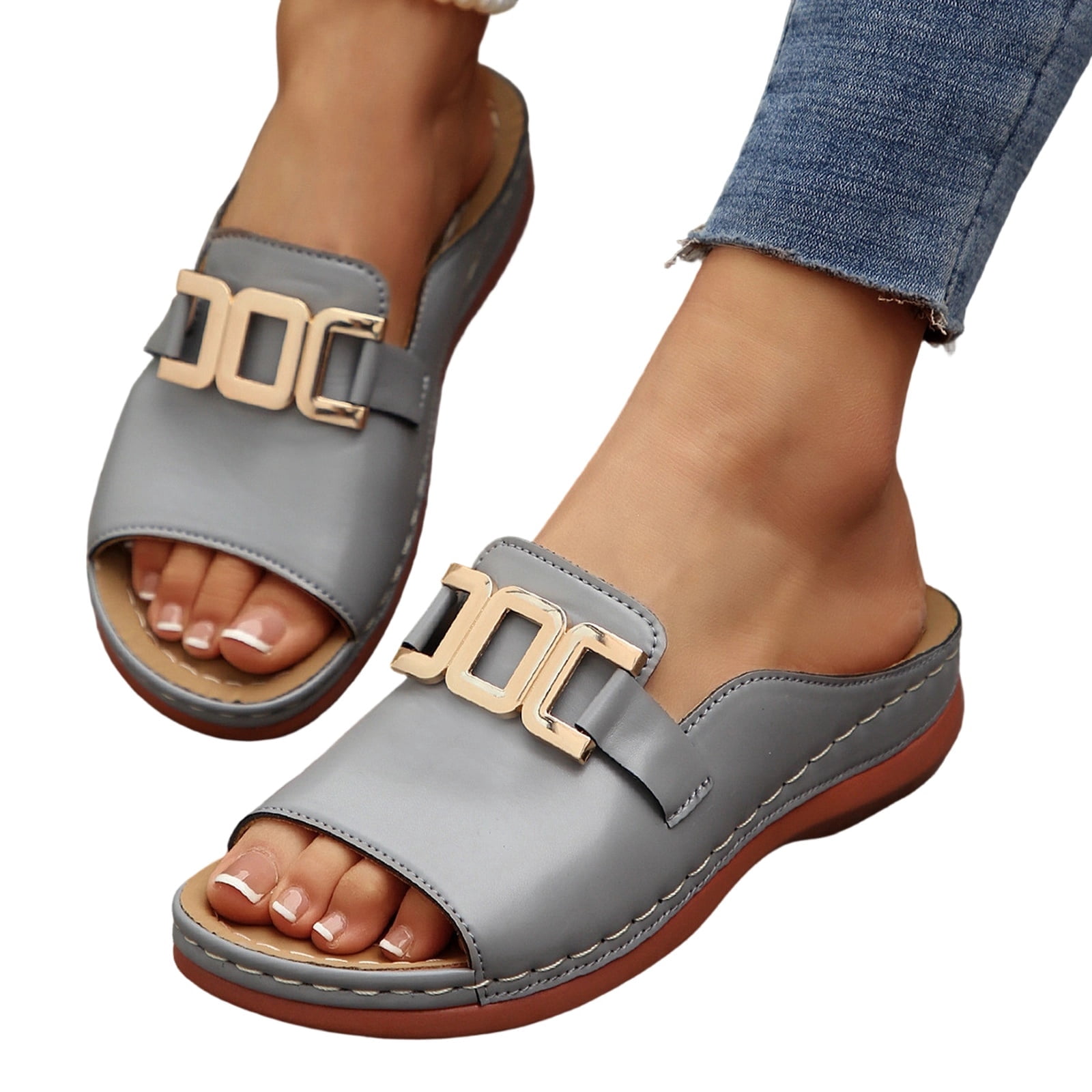 Summer Slide Sandals for Women,Wide Width Open Toe Metal Ring Strap ...