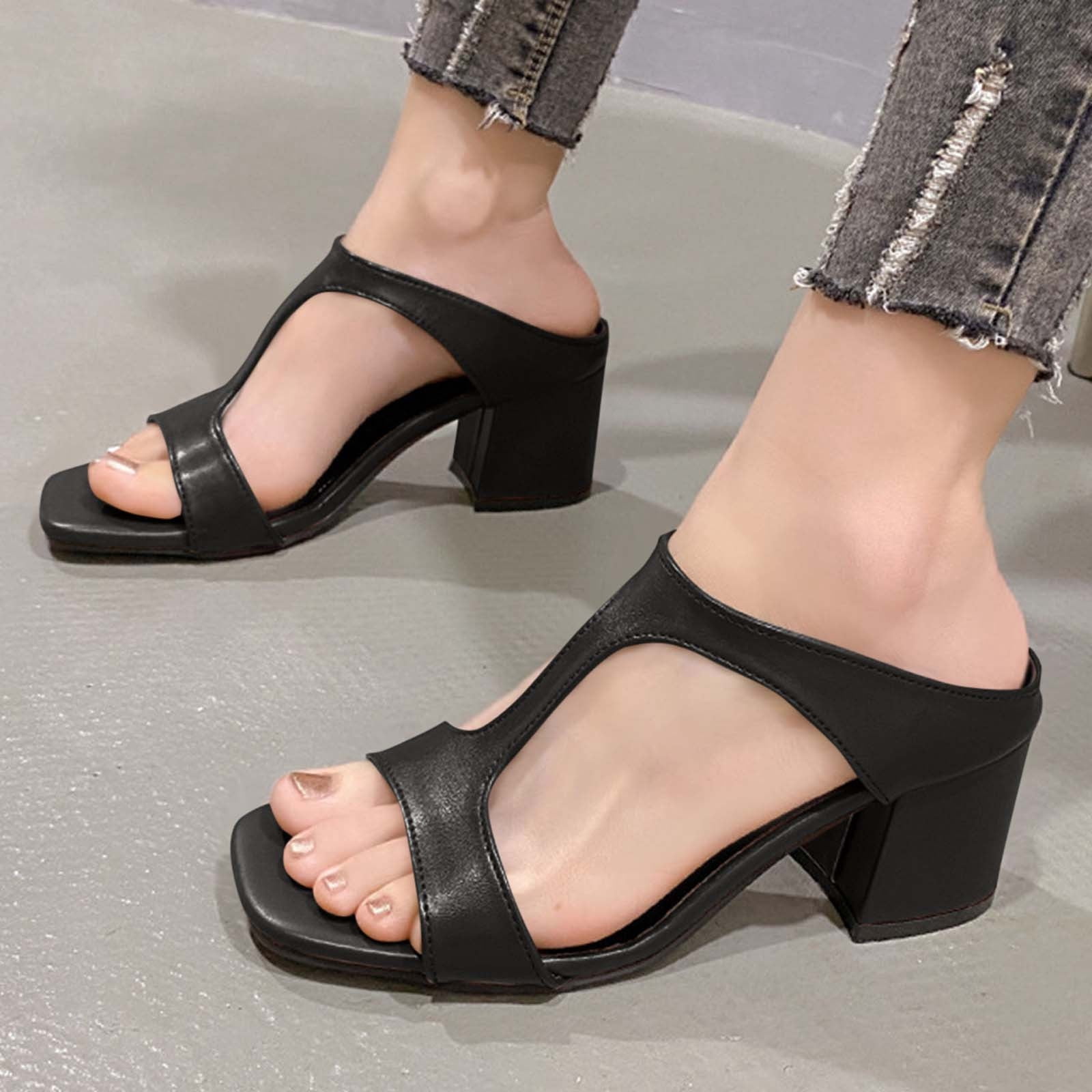 Summer Slides for Women 2025 Block Heels Leather Sandals Dressy T-Bar ...