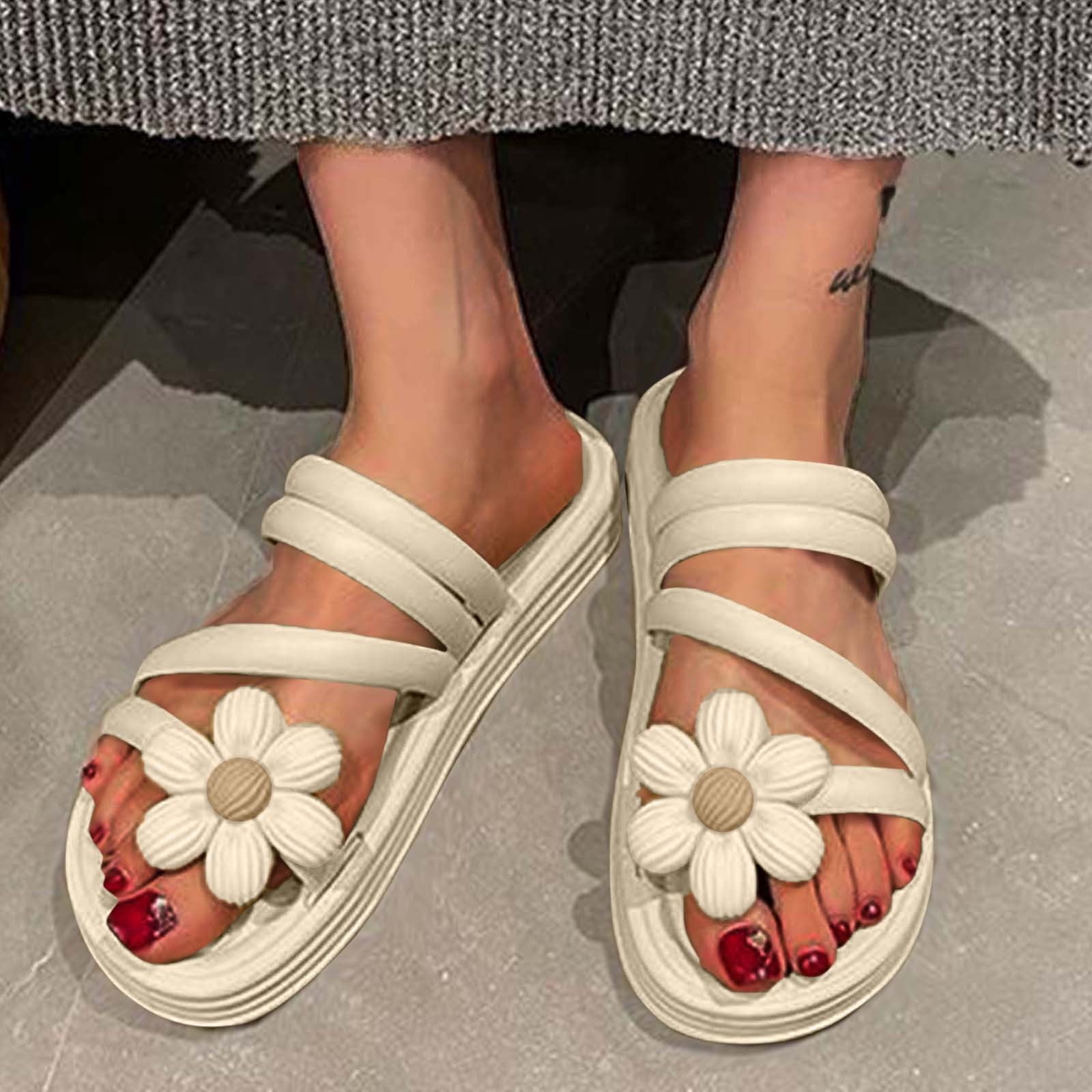 Summer Slides for Women 2025 Casual Comfort Flat Sandals Floral Beach ...