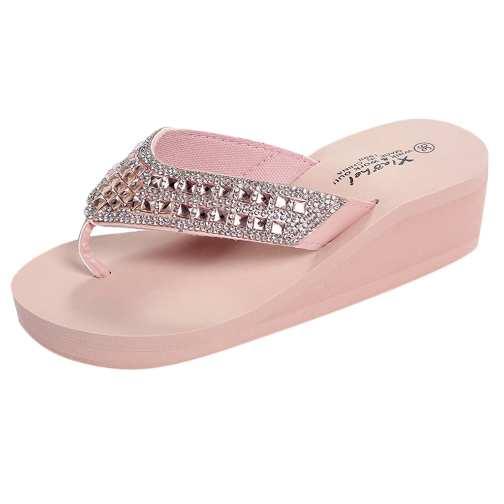 Summer Slippers Fashion Rhinestones Wedges Flip Flops Women's Casual ...