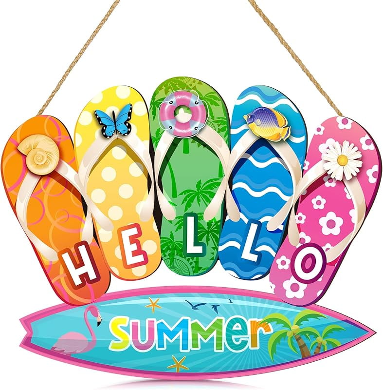 Summer Slippers Hanging Sign Shape Welcome Hello Flip Flop Wooden Door ...