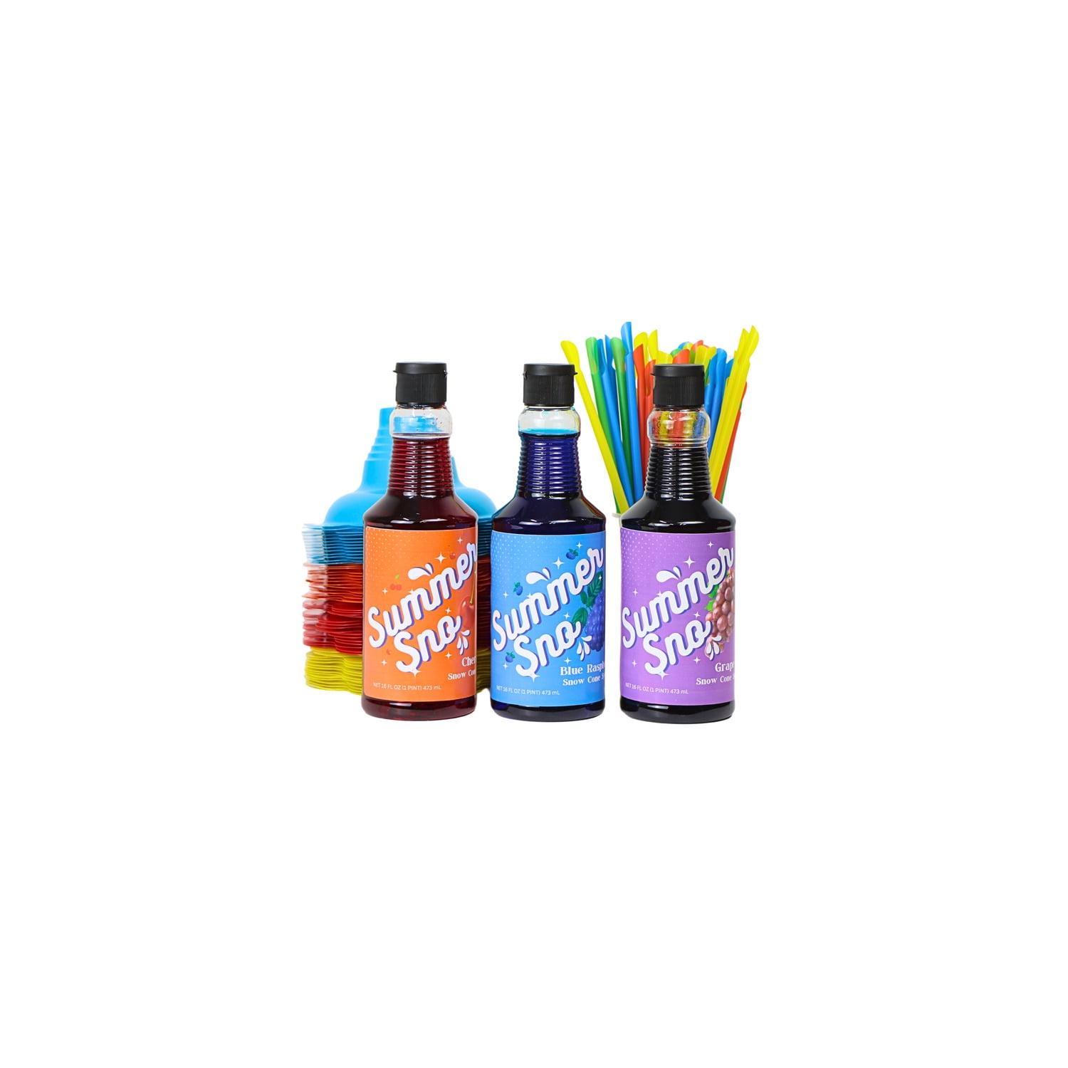 Paragon Summer Sno Snow Cone Syrup 3 Pack 25 Cups and 25 Straws - Blue ...