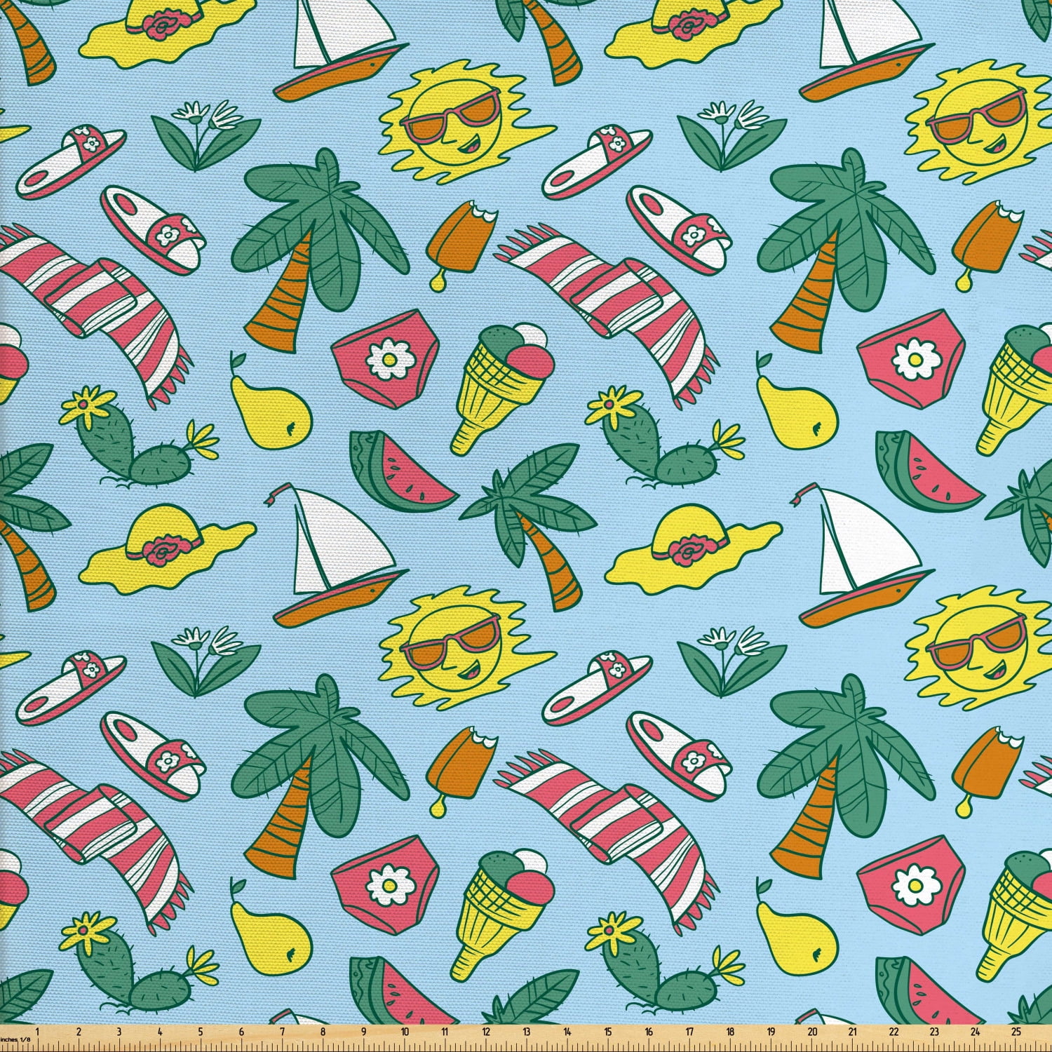Ambesonne Summer Fabric by the Yard Upholstery, Cartoon Beach Time ...