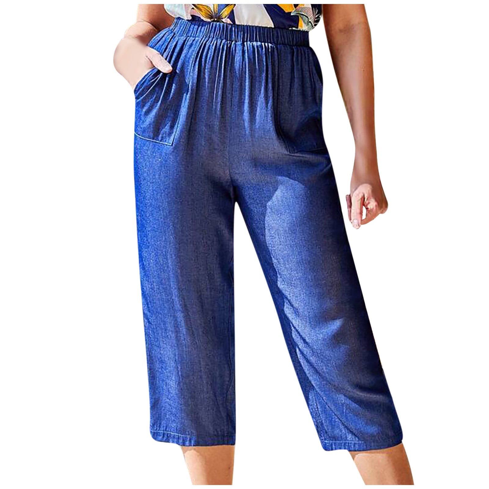 Summer Solid Denim Capri Pants Women's Casual Baggy Straight Leg Jeans ...