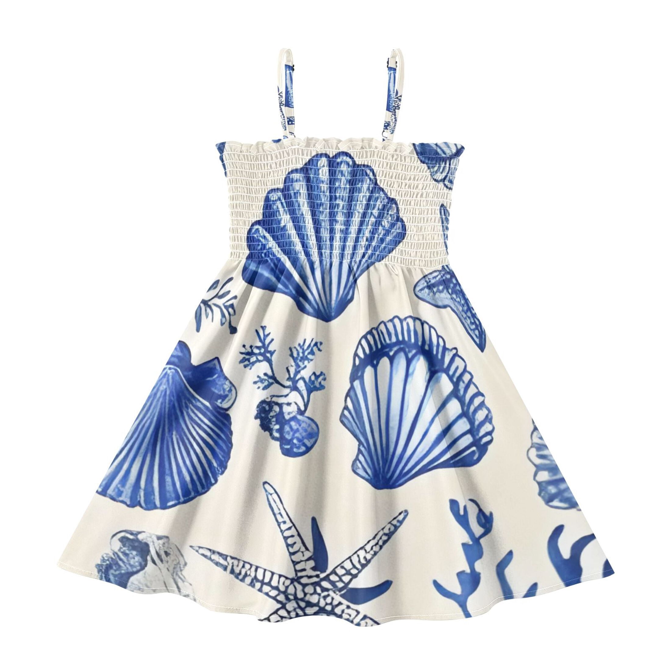 Summer Spaghetti Strap Blue Seashells and Starfish A Line Dress Casual ...