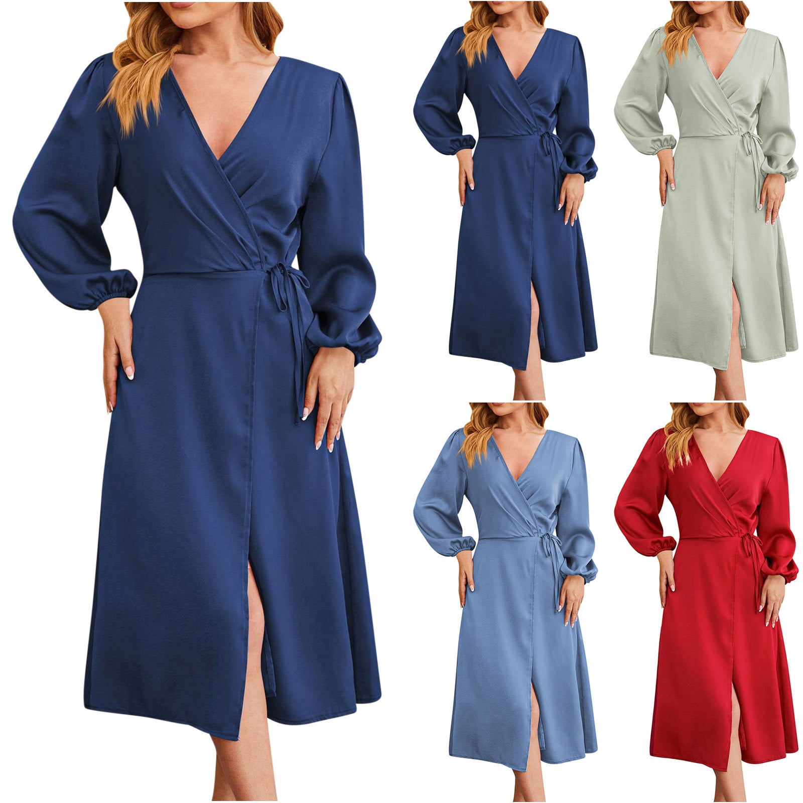 Summer Spring Dresses for Women 2024 Casual Split Hem Wrap Satin Long ...