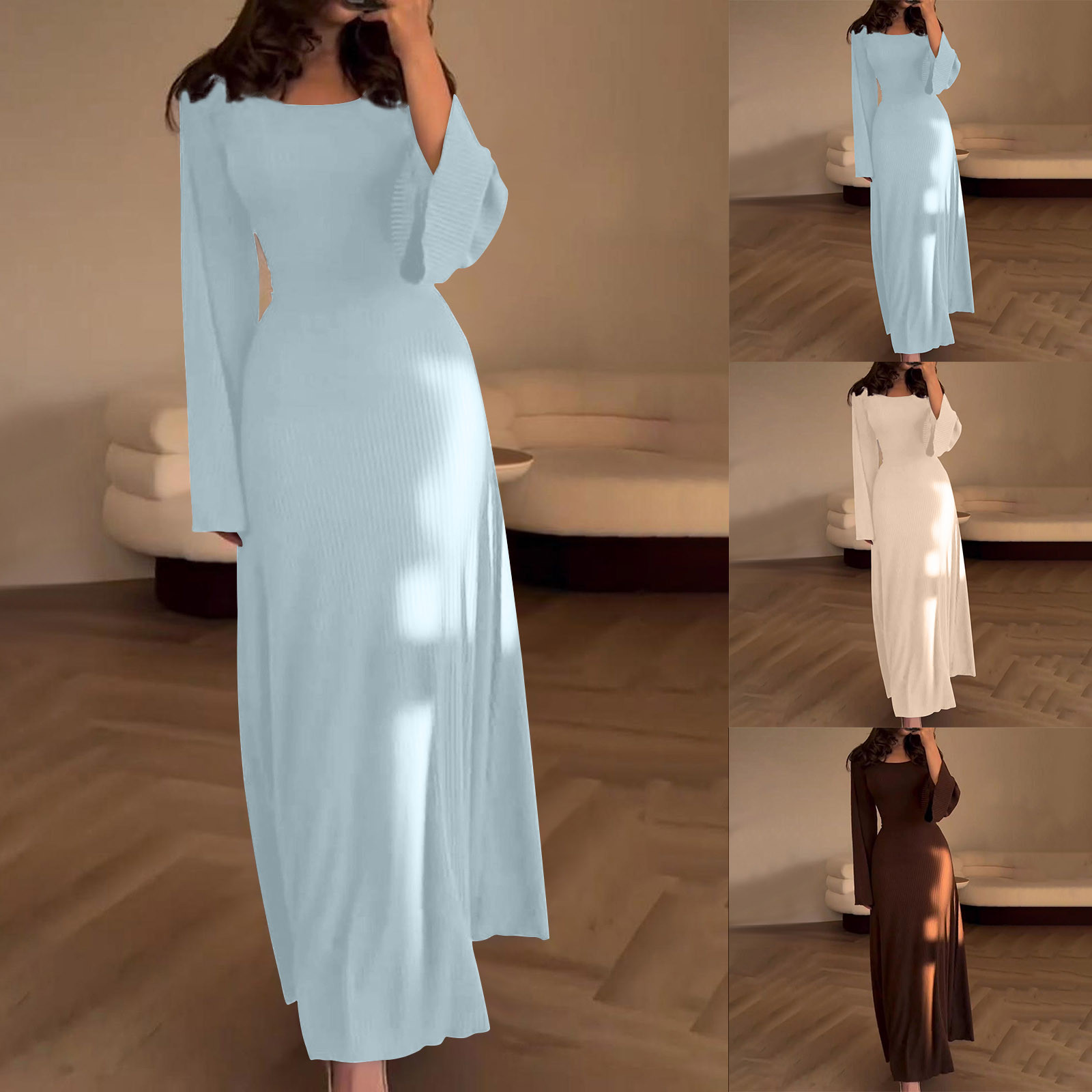 Summer Spring Dresses for Women 2024 New Solid Round Neck Long Sleeve ...