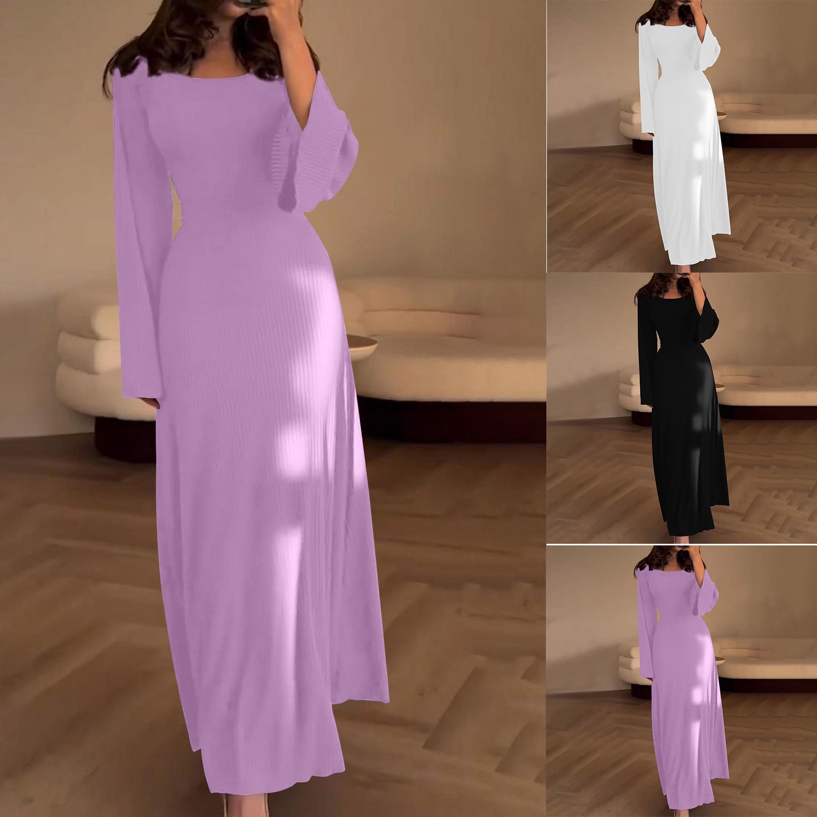 Summer Spring Dresses for Women 2024 New Solid Round Neck Long Sleeve ...