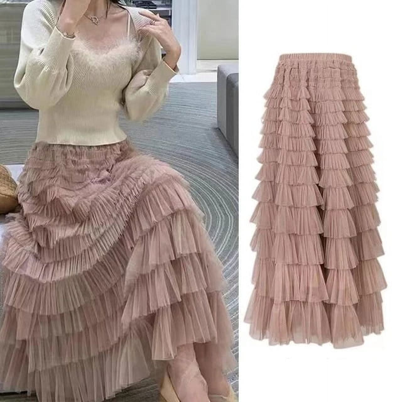 Summer Spring Women’s Multilayer Ruffles Tulle Skirt Pleated High Waist ...