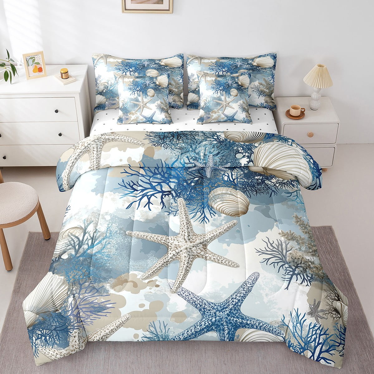Summer Starfish Bedding Set Full Size 7 Piece Bed in A Bag Seashell Comforter Set Teens Super ...