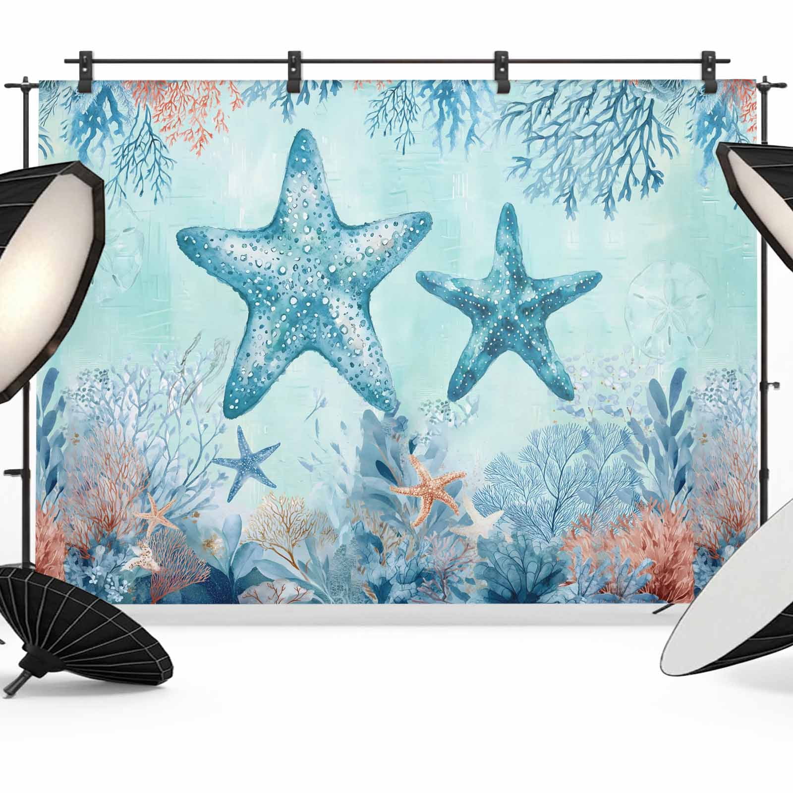 Summer Starfish Photography Backdrop 8x6FT, Teal Orange Ocean Corals ...