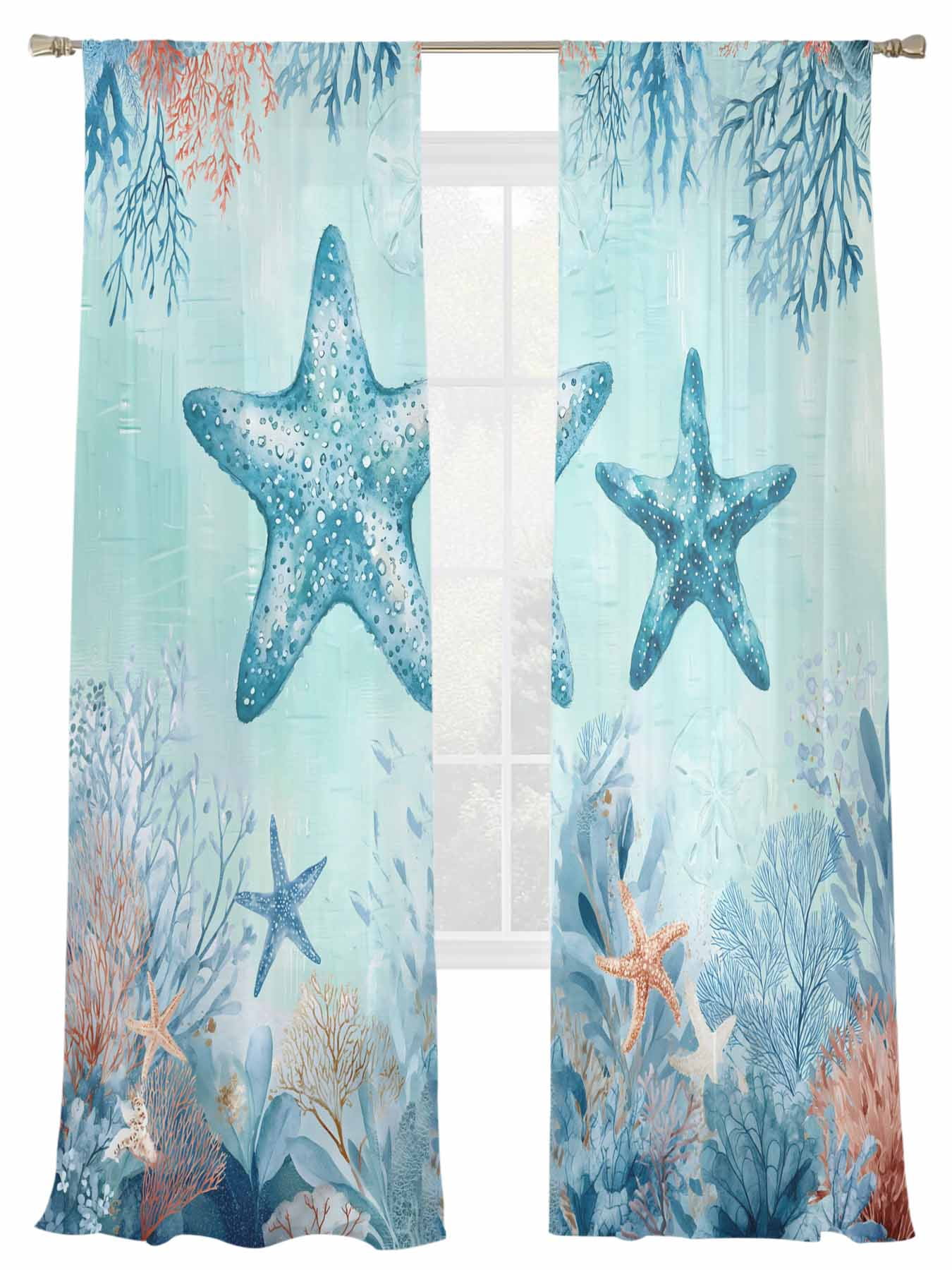 Summer Starfish Sheer Curtains 96 Inch Long 2 Panels, Teal Orange Ocean ...