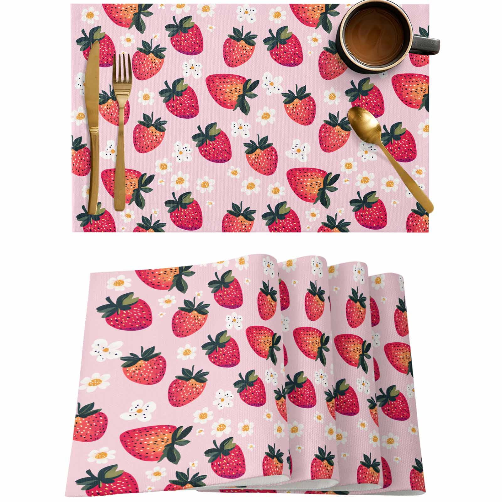 Summer Strawberry Flower on Pink Placemats Set of 4,Wipeable Washable ...