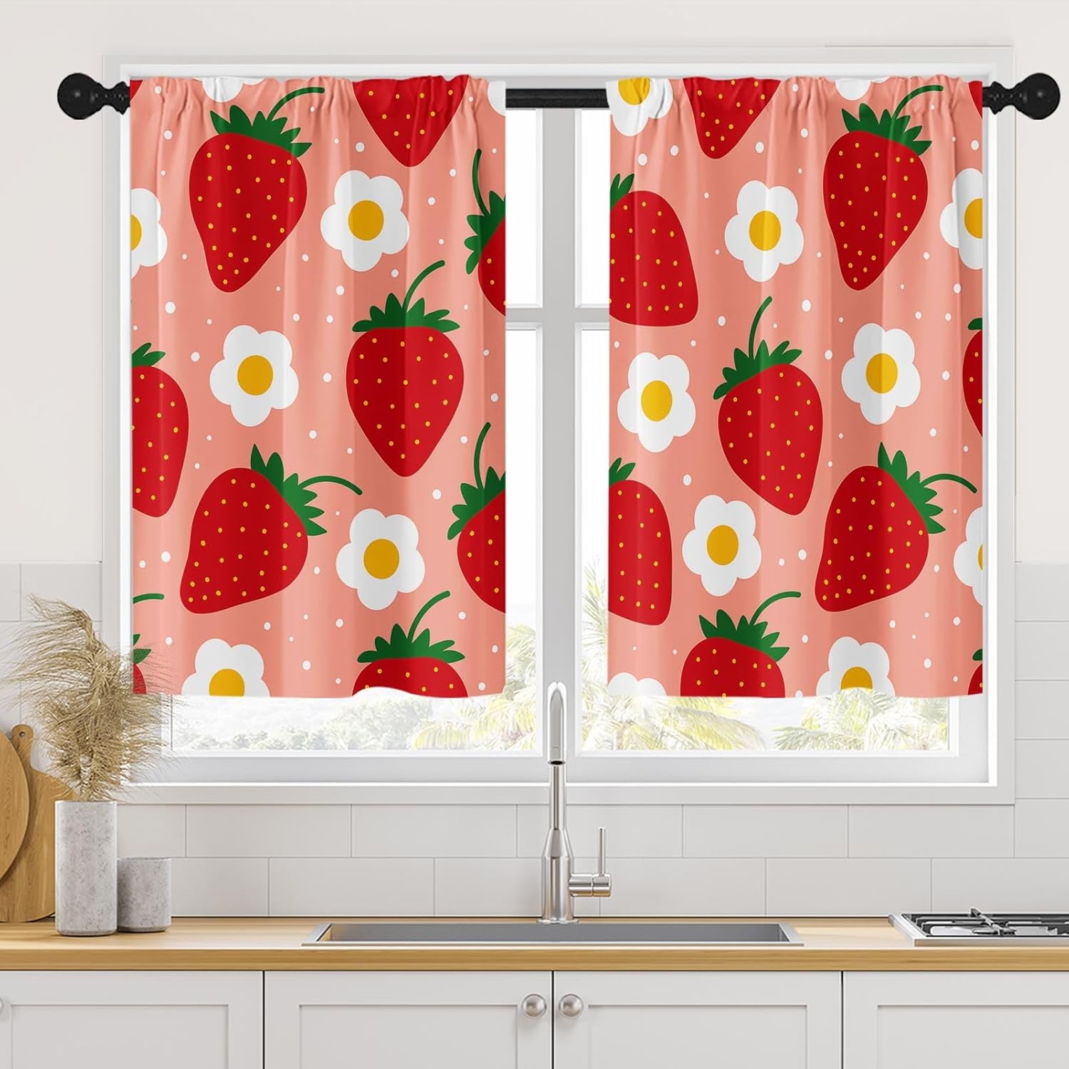 Summer Strawberry Fruit Red Kitchen Curtains, Cute Retro Flower Short ...