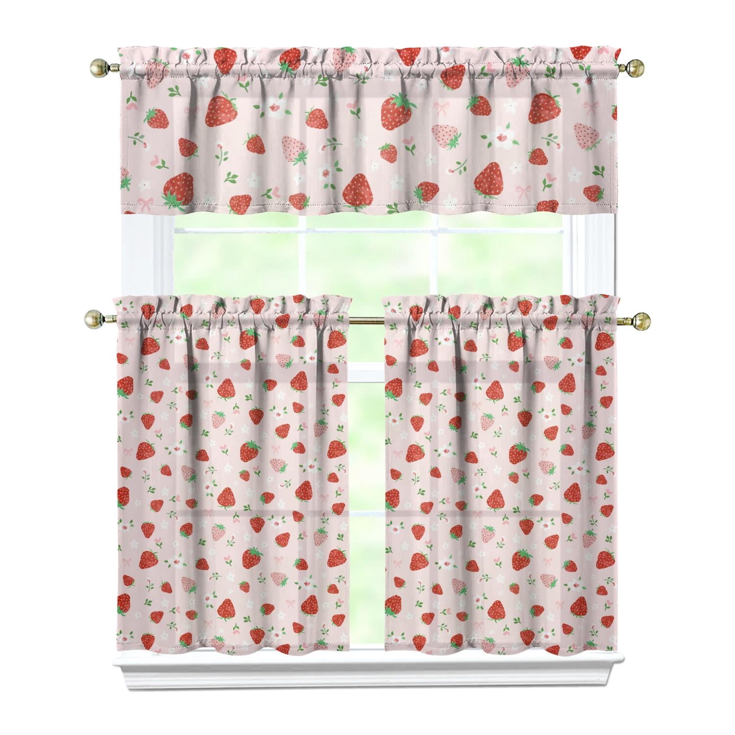 Summer Strawberry Kitchen Curtains Set - 3 Piece Cute Red Berries Tier ...