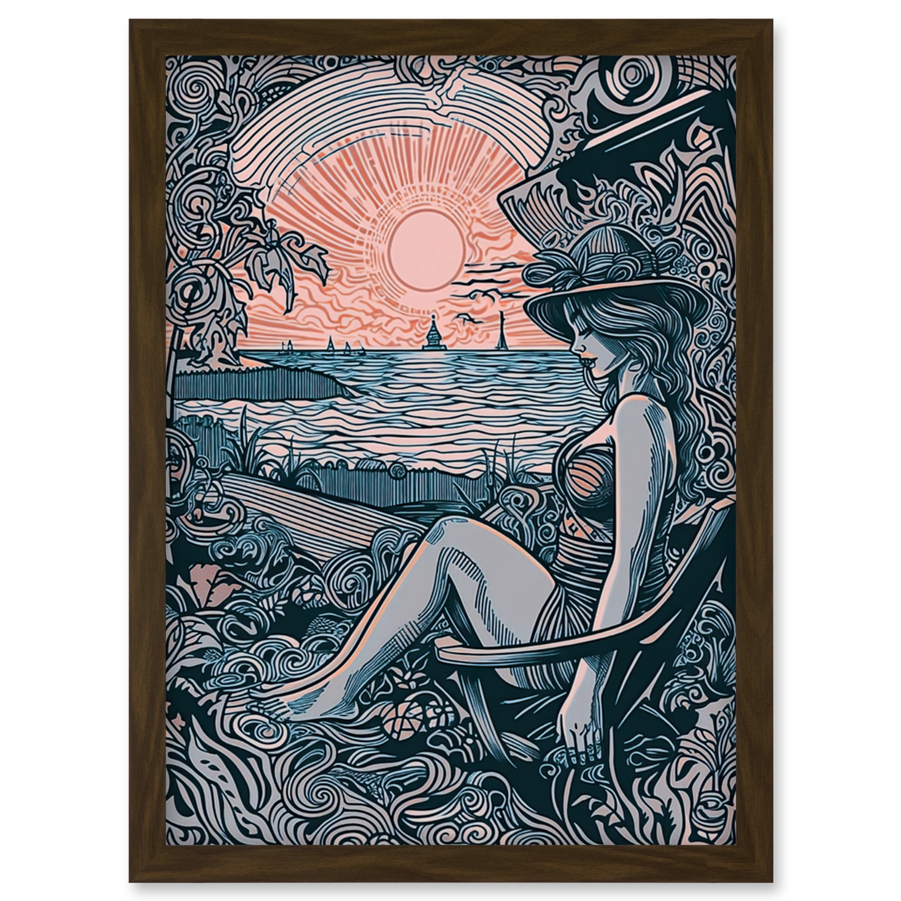 Summer Sunbathing Coastal Landscape Illustration Artwork Framed Wall ...