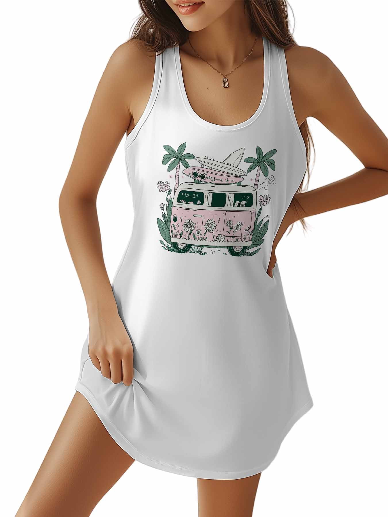 Summer Sundress for Women Campervan Surfboard Palm Tree U Neck ...