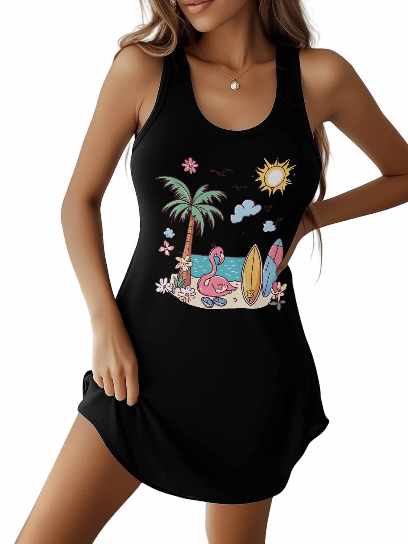 Summer Sundress for Women Cartoon Flamingo Vacation Beach U Neck ...