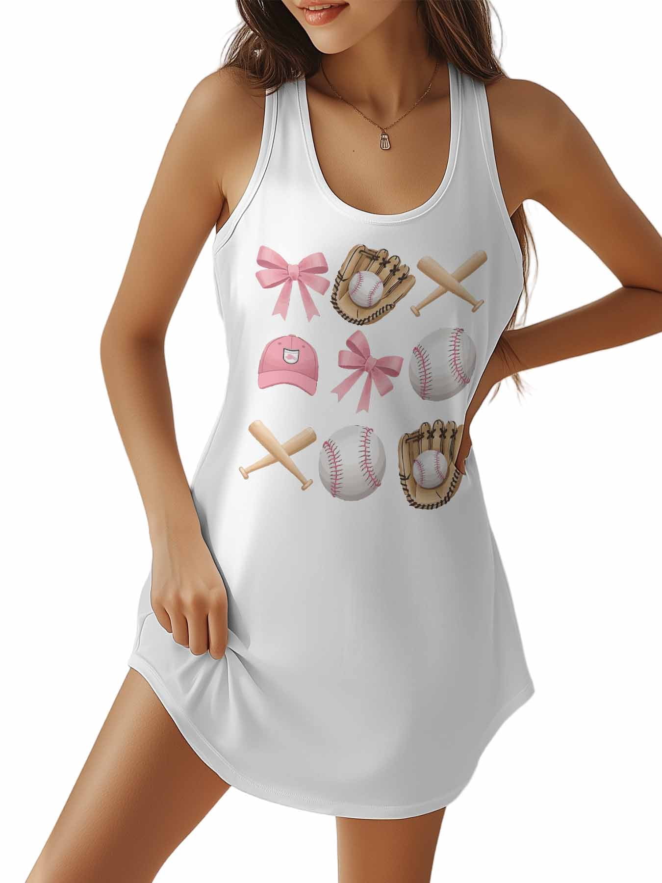 Summer Sundress for Women Cartoon Street Art Pink Bow Baseball Sports U ...