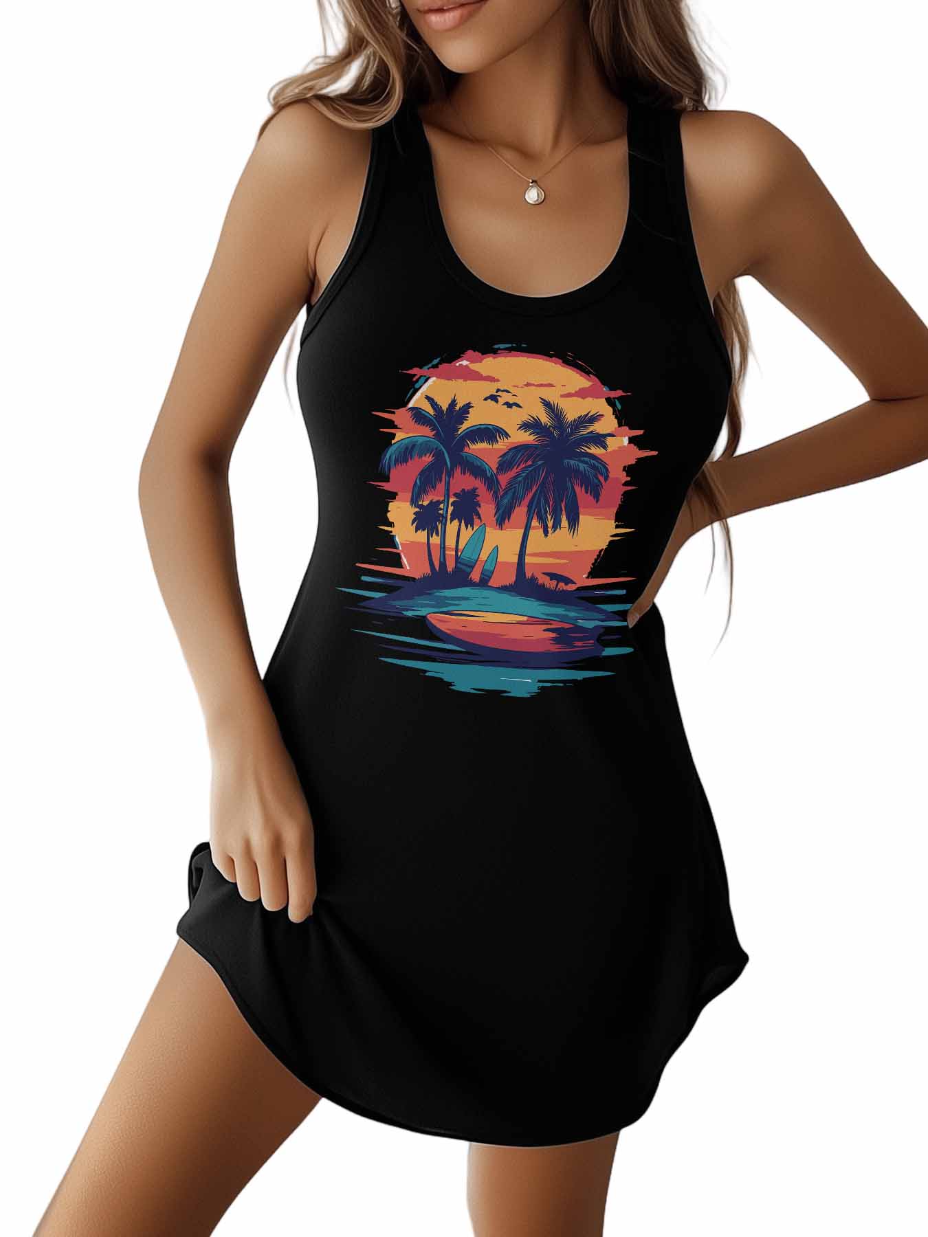 Summer Sundress for Women Coconut Tree Sunset Surfboard Ocean Abstract ...