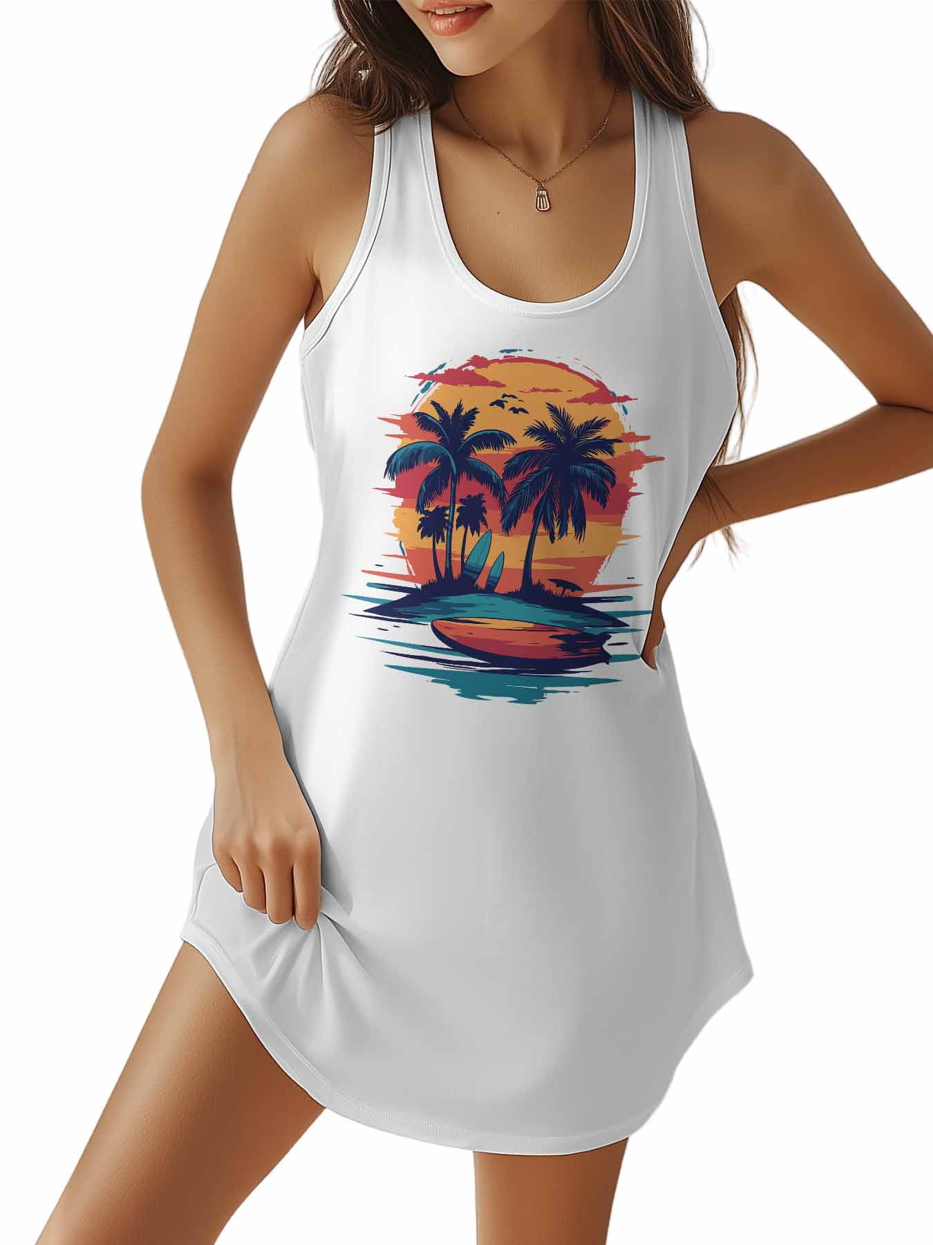 Summer Sundress for Women Coconut Tree Sunset Surfboard Ocean Abstract ...