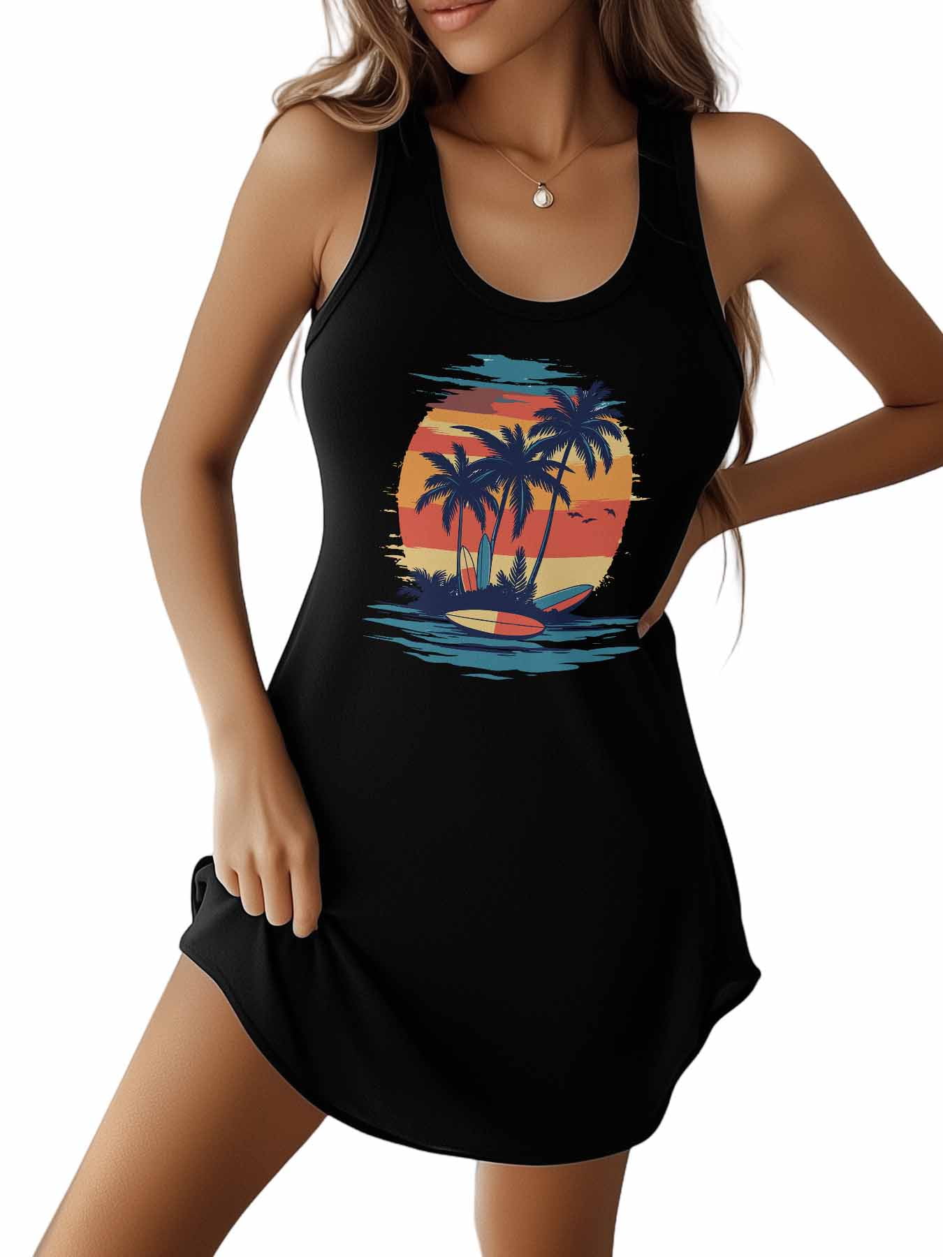 Summer Sundress for Women Coconut Tree Sunset Surfboard Ocean Stripes U ...