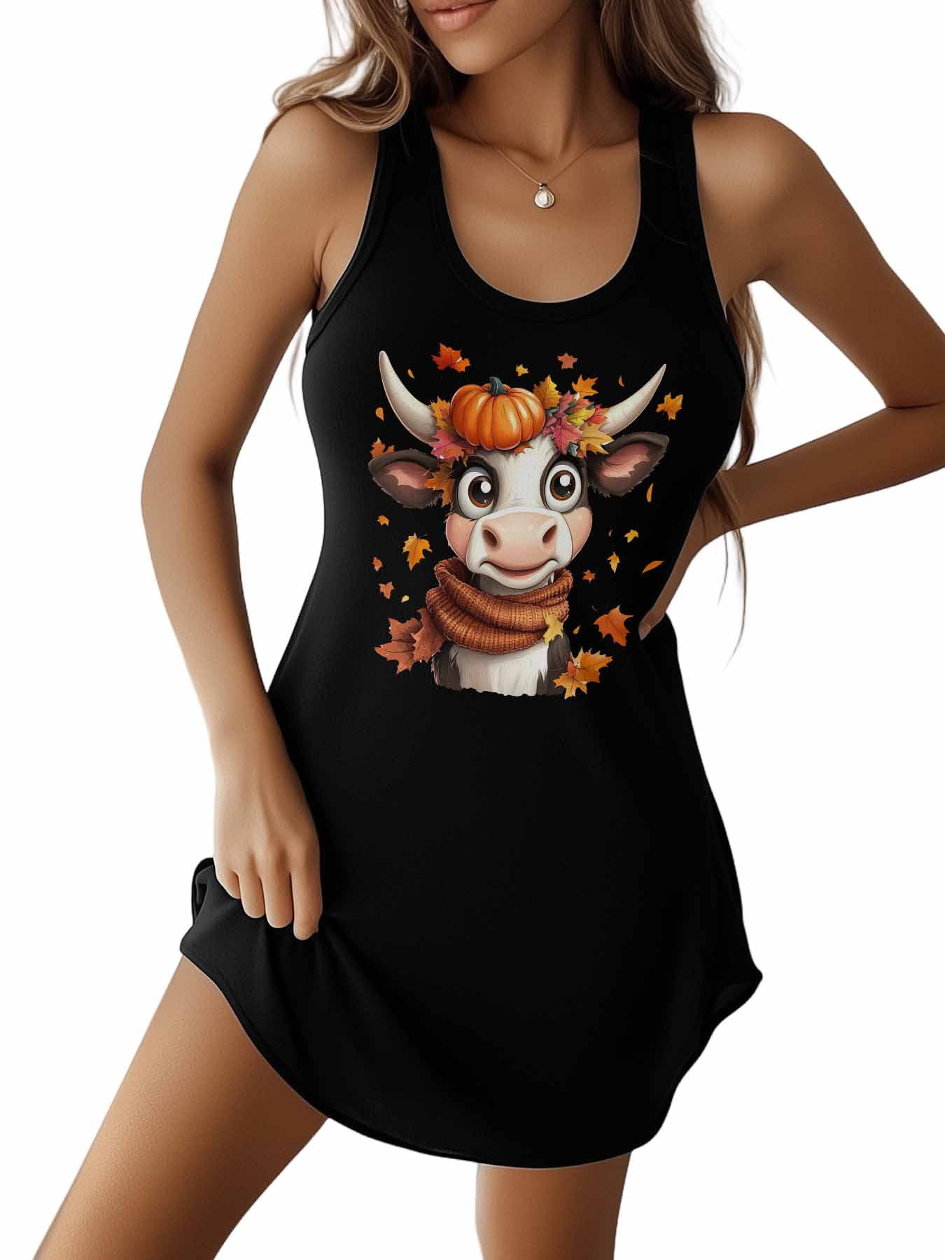 Summer Sundress for Women Cute Animal Orange Cow Farm U Neck Sleeveless ...