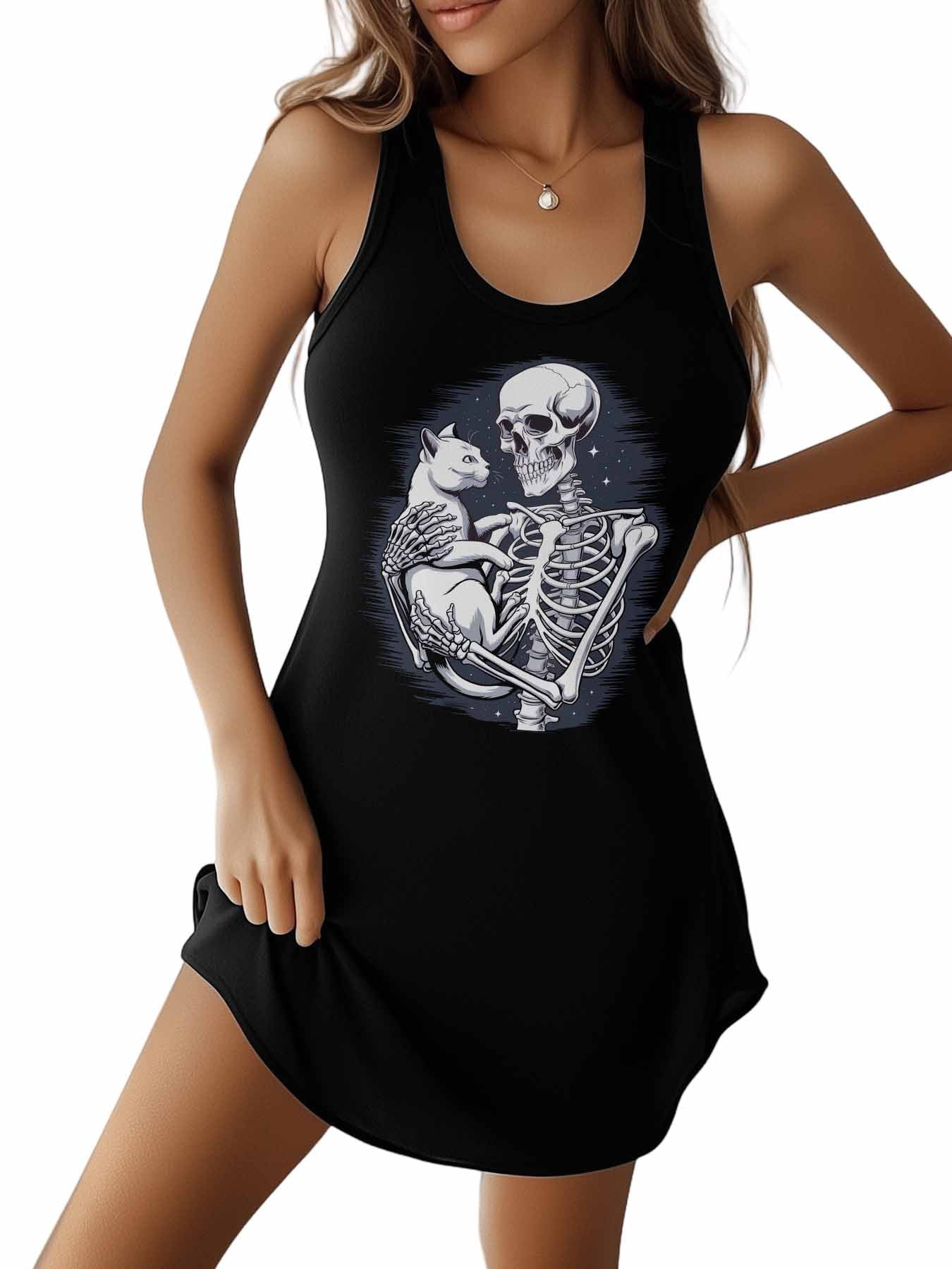 Summer Sundress for Women Modern Skeleton Holding Cat Starry Sky U Neck ...