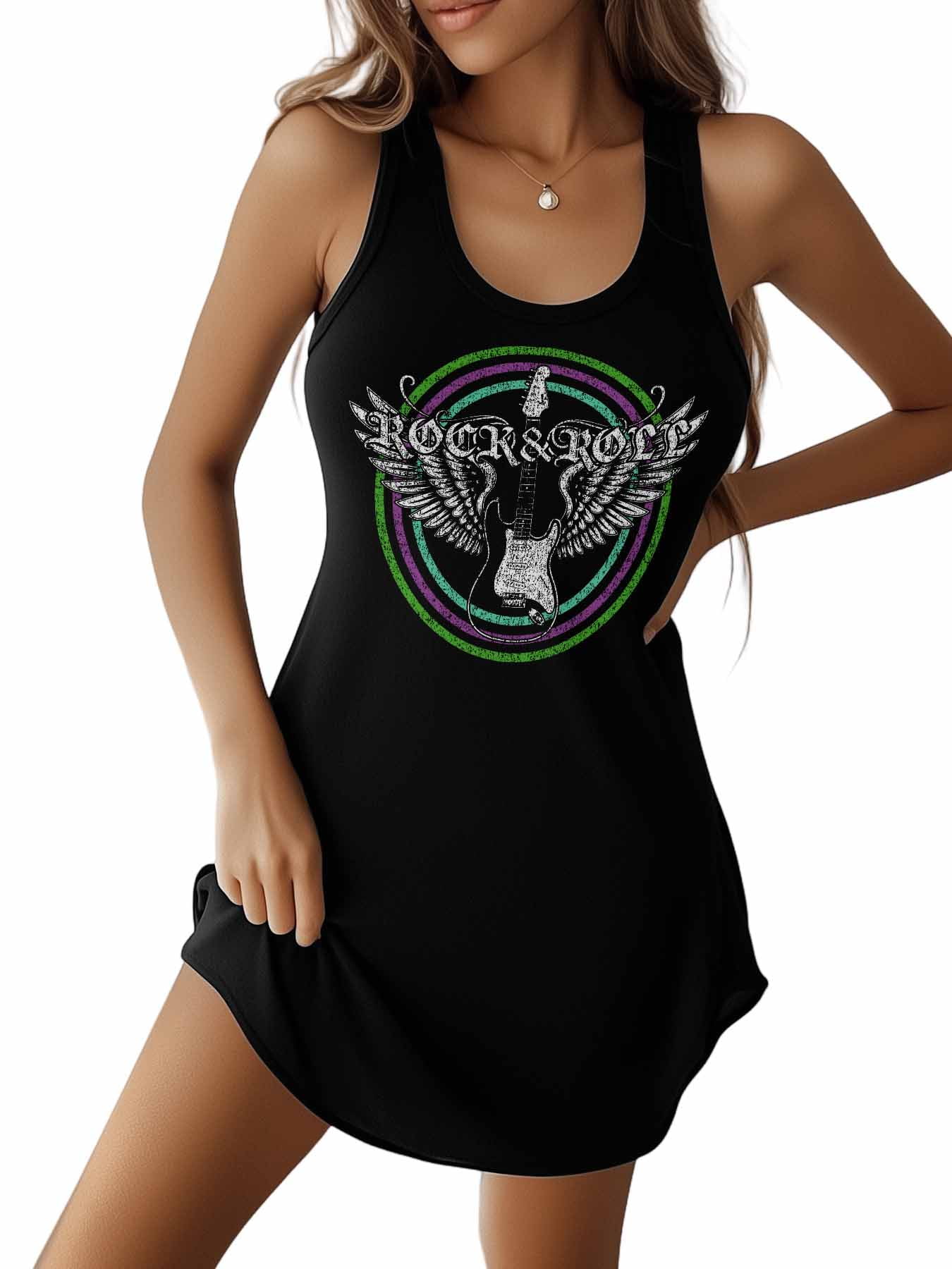 Summer Sundress for Women ROCK ROLL Guitar Wings Colored Circles U Neck ...