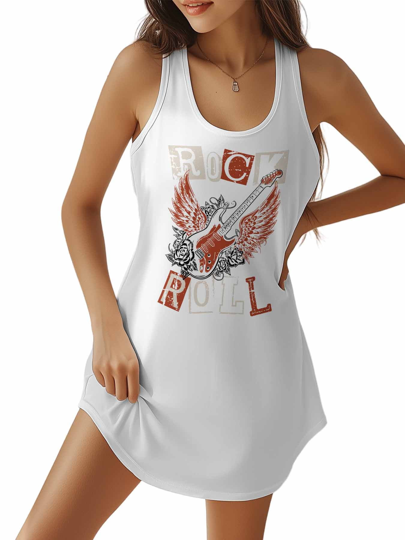 Summer Sundress for Women ROCK ROLL Street Art Guitar Wings U Neck ...