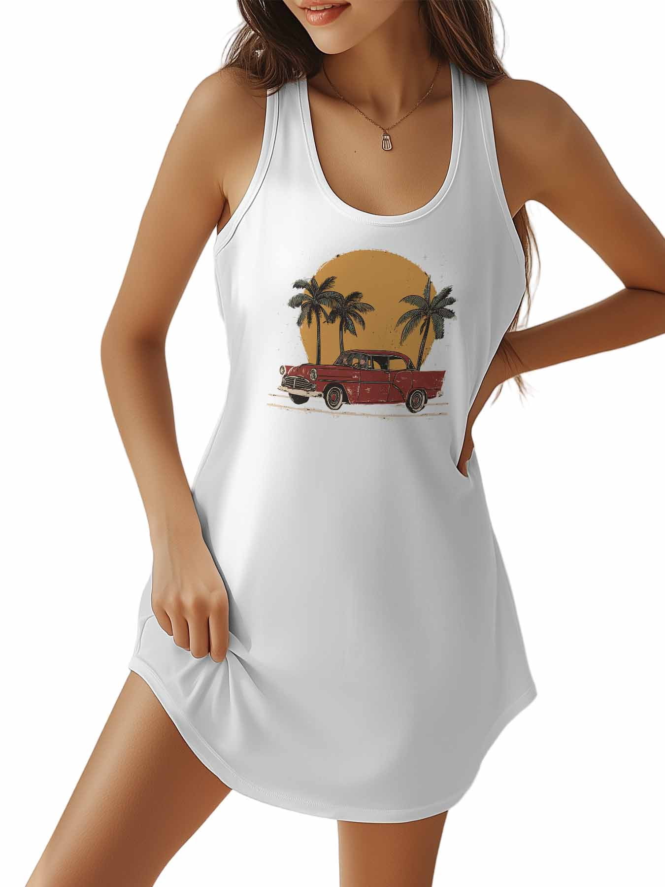 Summer Sundress for Women Red Retro Style Car Palm Tree Yellow Sunset U ...