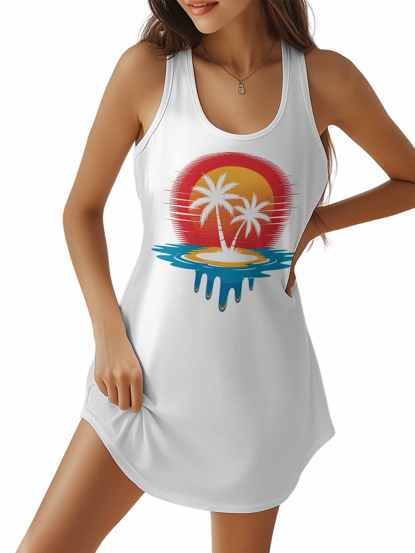 Summer Sundress for Women Simple Tropical Island Palm Tree U Neck ...