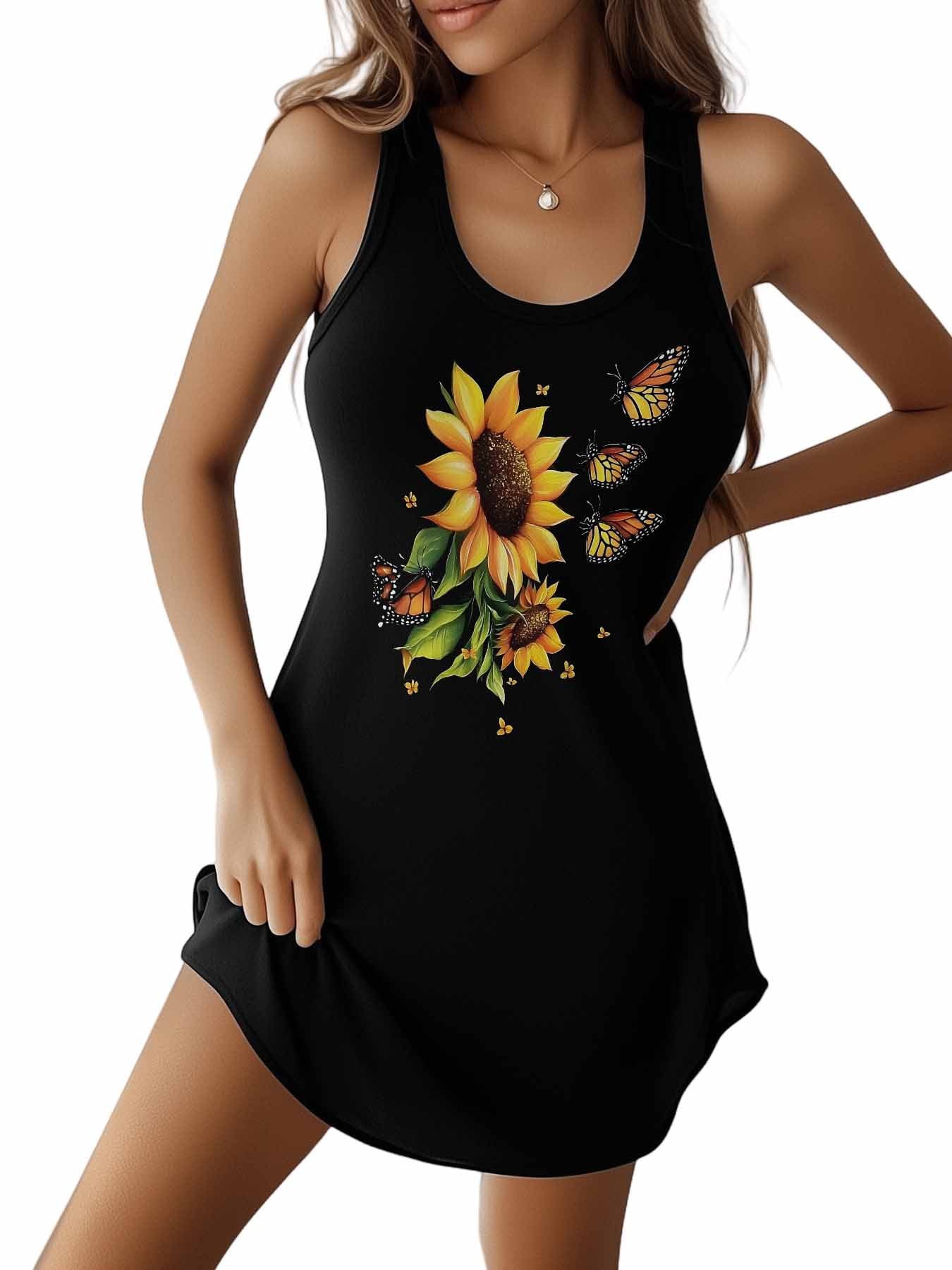 Summer Sundress for Women Sunflower Retro Yellow Flower Butterfly Farm ...