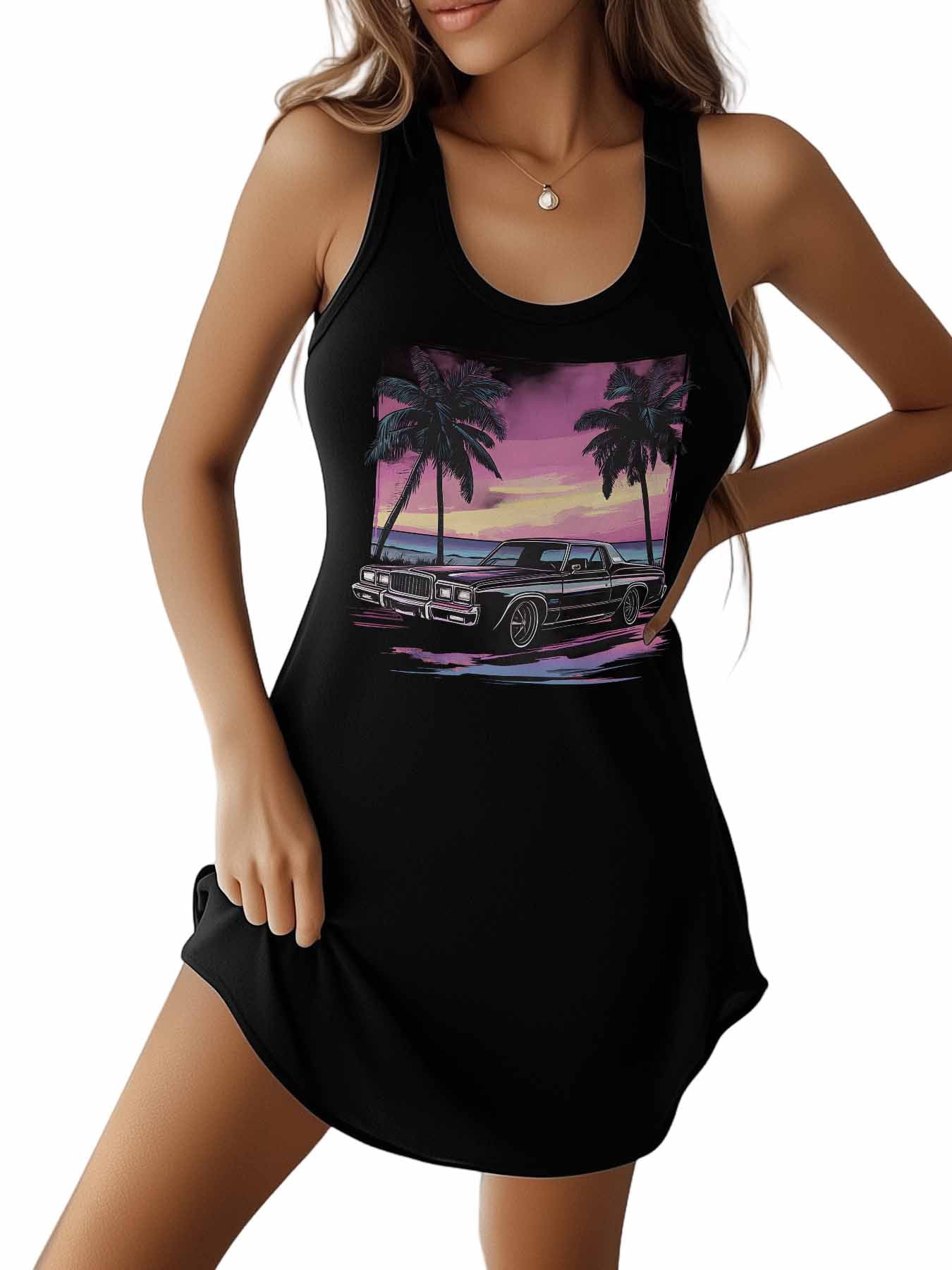 Summer Sundress for Women Vintage Car Tropical Plants Ombre Sunset ...