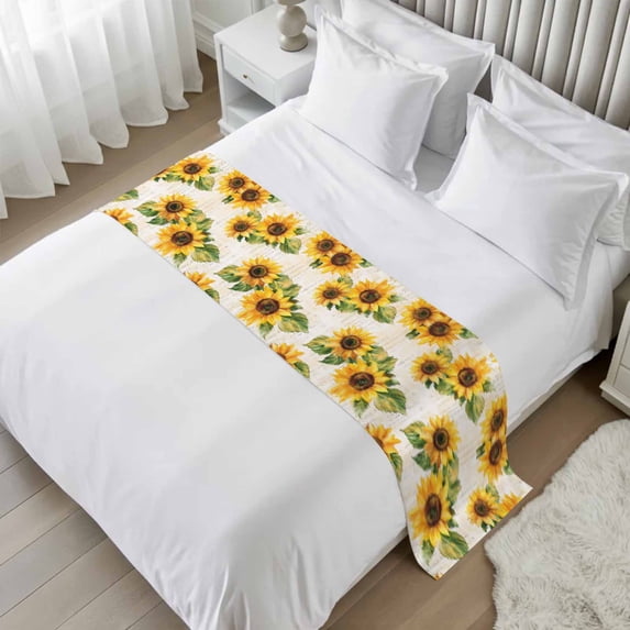 Summer Sunflower Bed Runner Scarf, Yellow Flower Leaf Old Newspaper ...