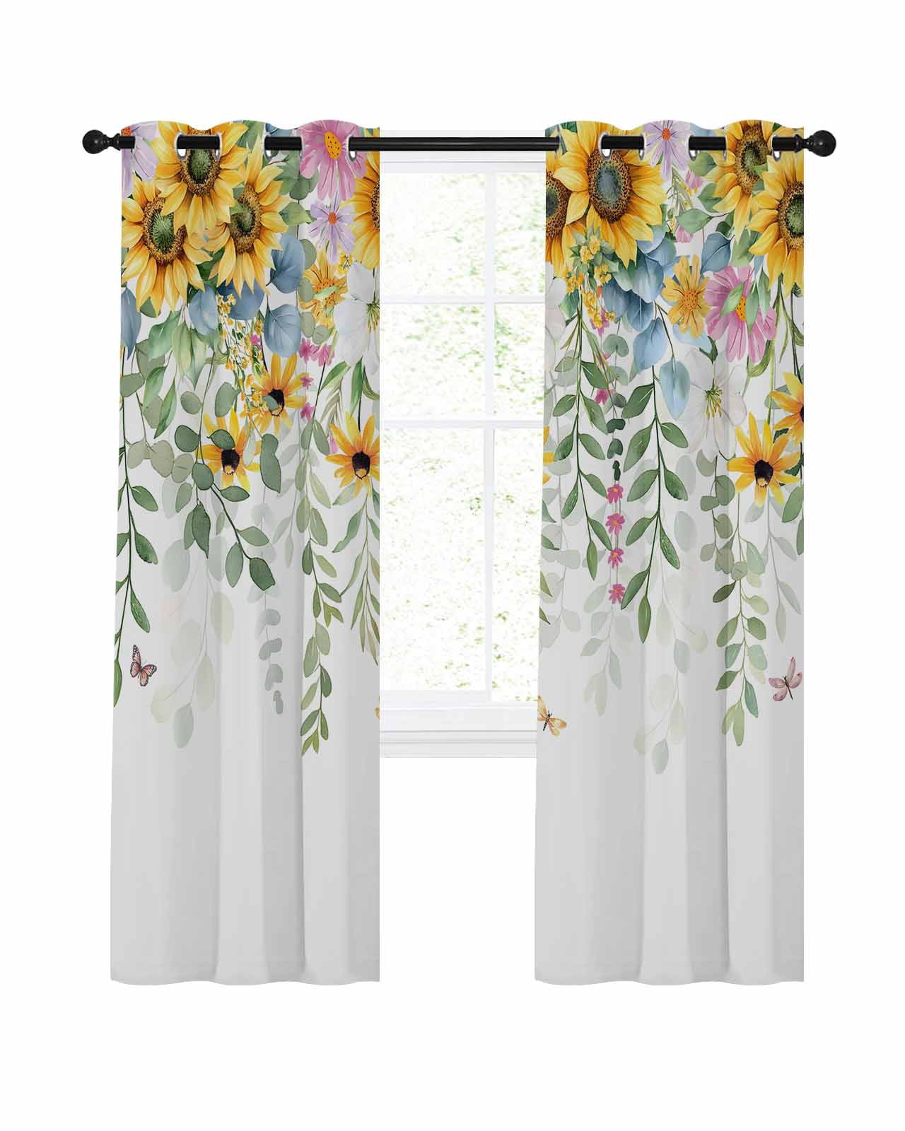 Summer Sunflower Blackout Curtains 84 Inch Length Daisy Eucalyptus Leaf ...