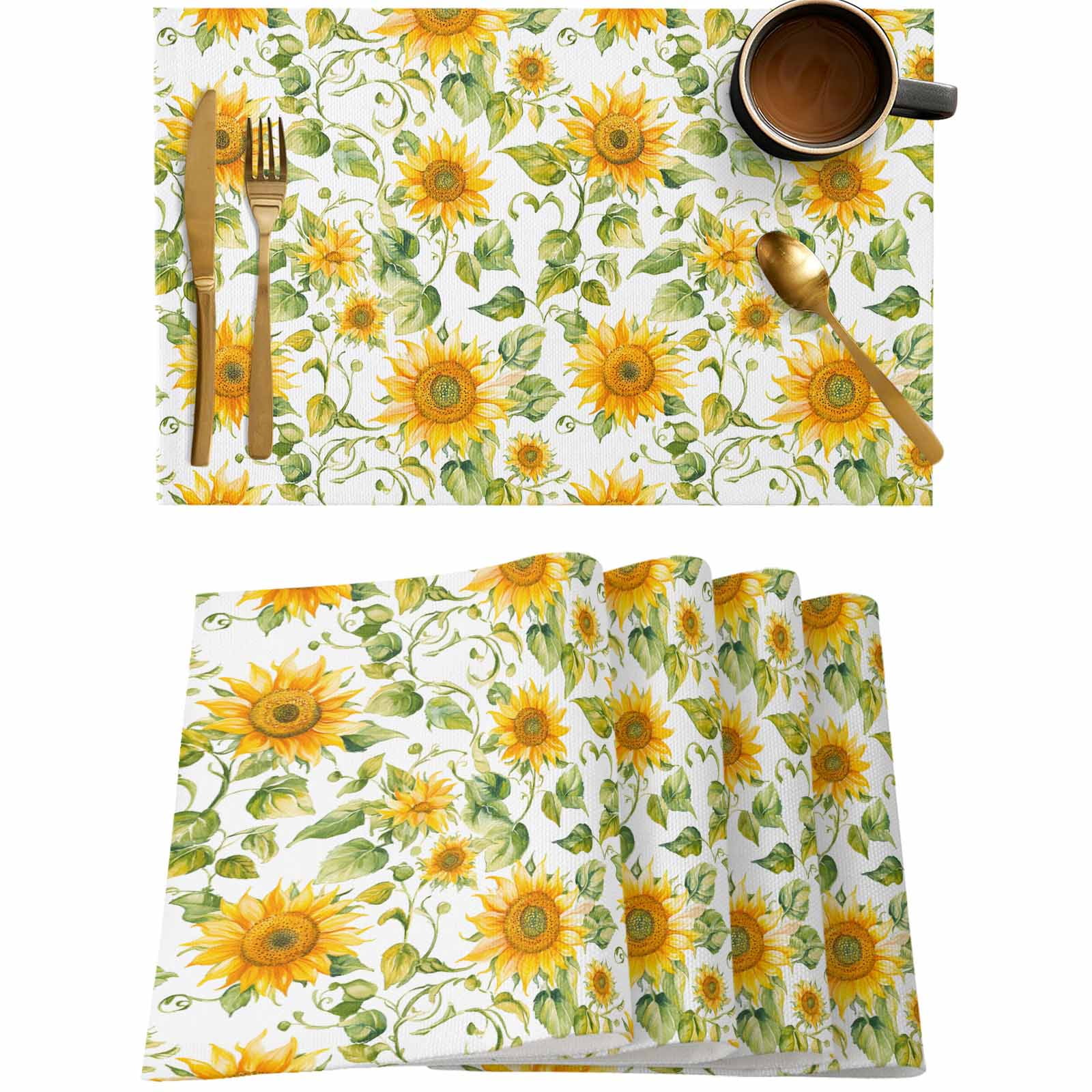 Summer Sunflower Green Leaves Seamless Placemats Set of 4,Wipeable ...