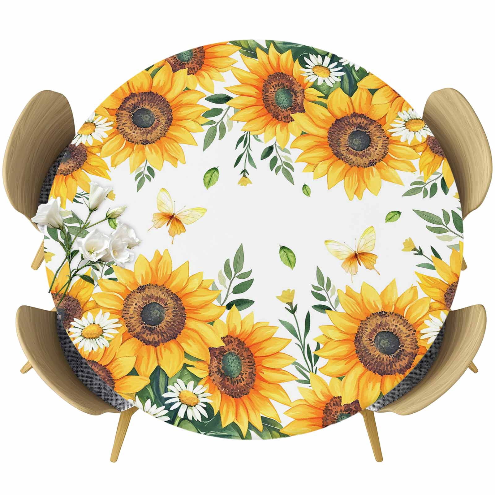 Summer Sunflower Round Tablecloth, Fitted Table Cover with Elastic for ...
