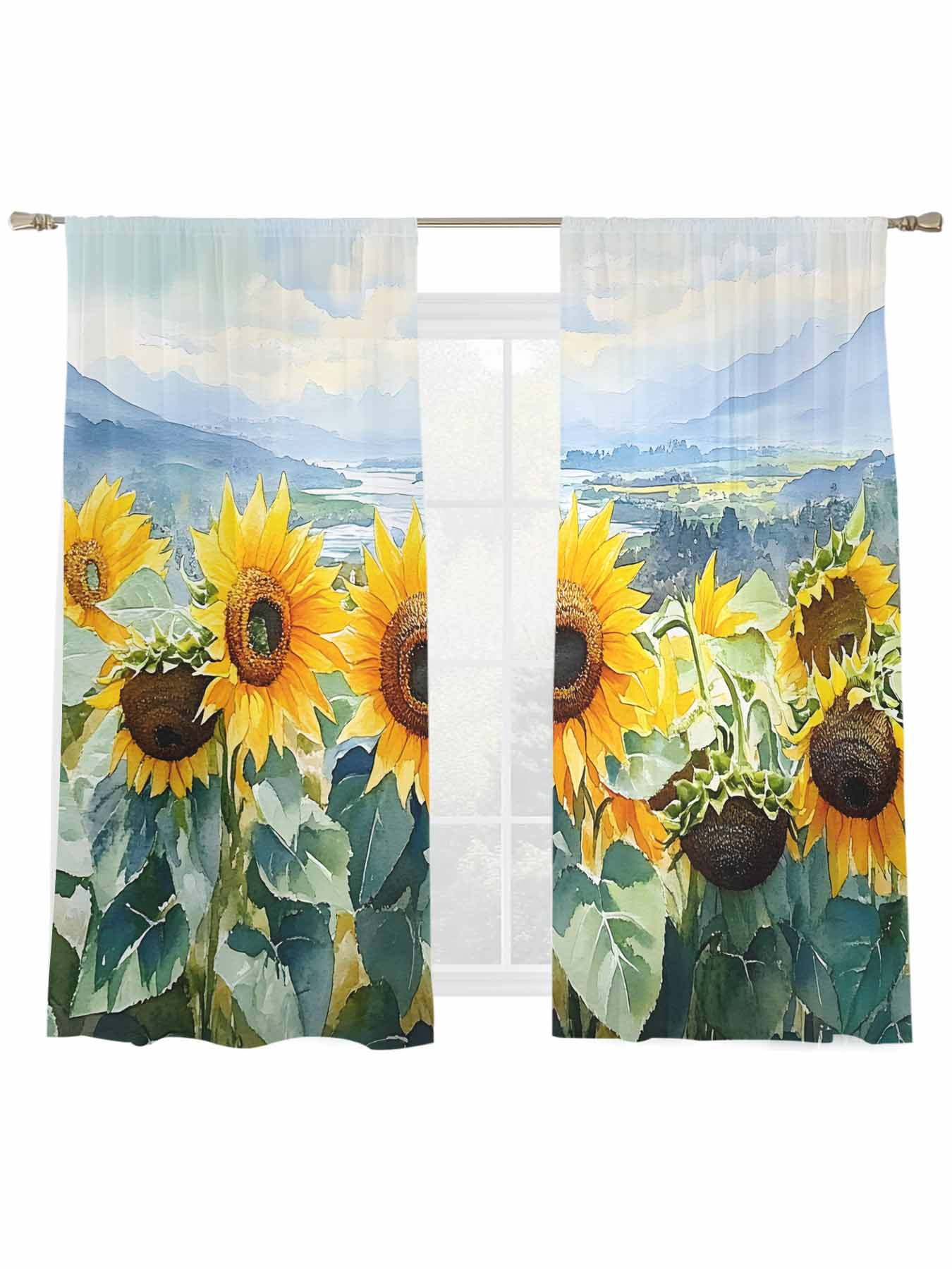 Summer Sunflower Sheer Curtains 2 Panels Set Plant Mountain Field ...