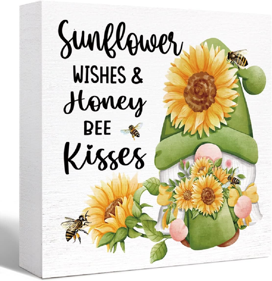 Summer Sunflower Wood Box Sign Cute Gnoem Sunflower Wooden Block Sign ...