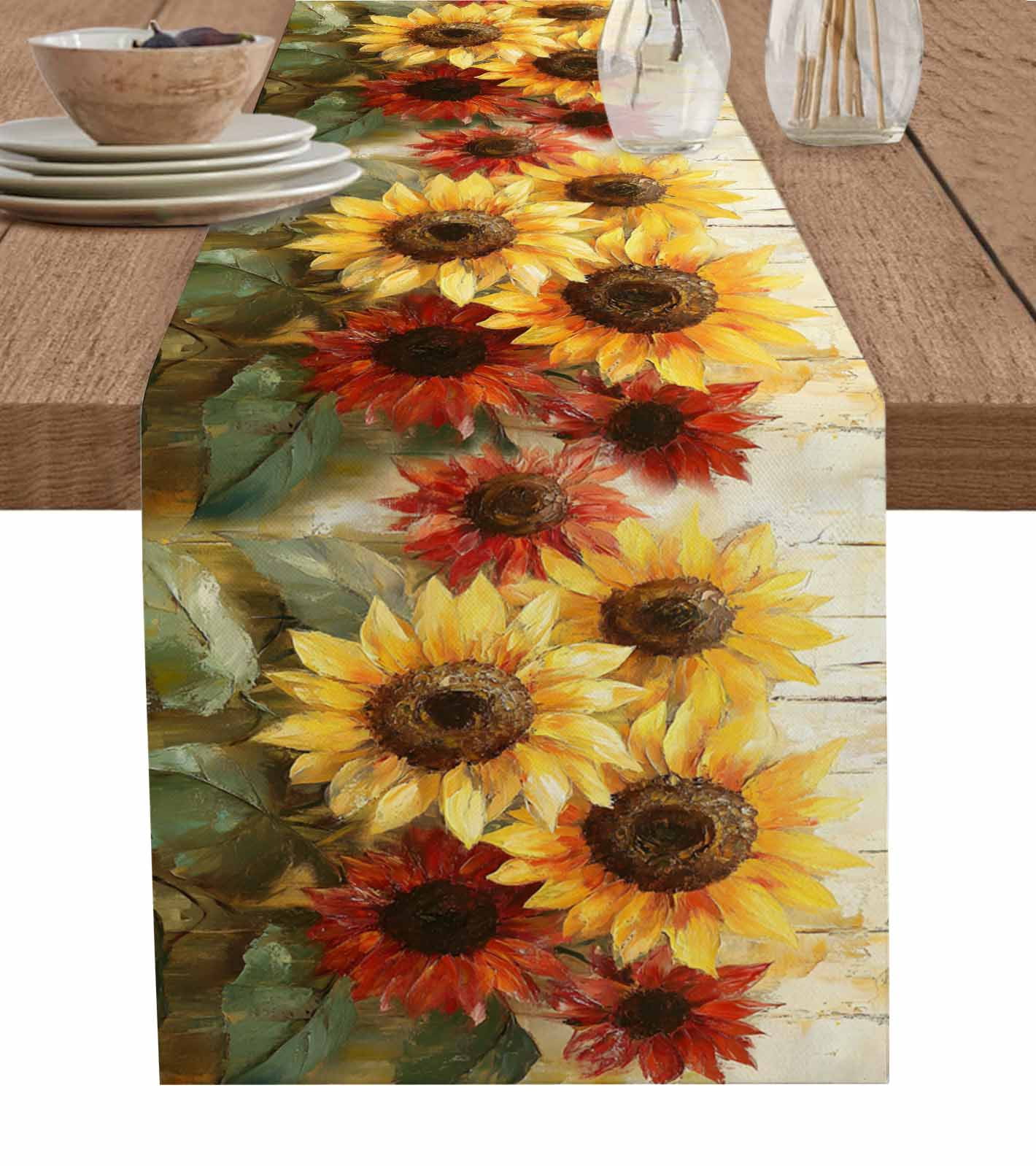 Summer Sunflowers Burlap Cotton Table Runner 14x72 Inches Long, Vintage ...