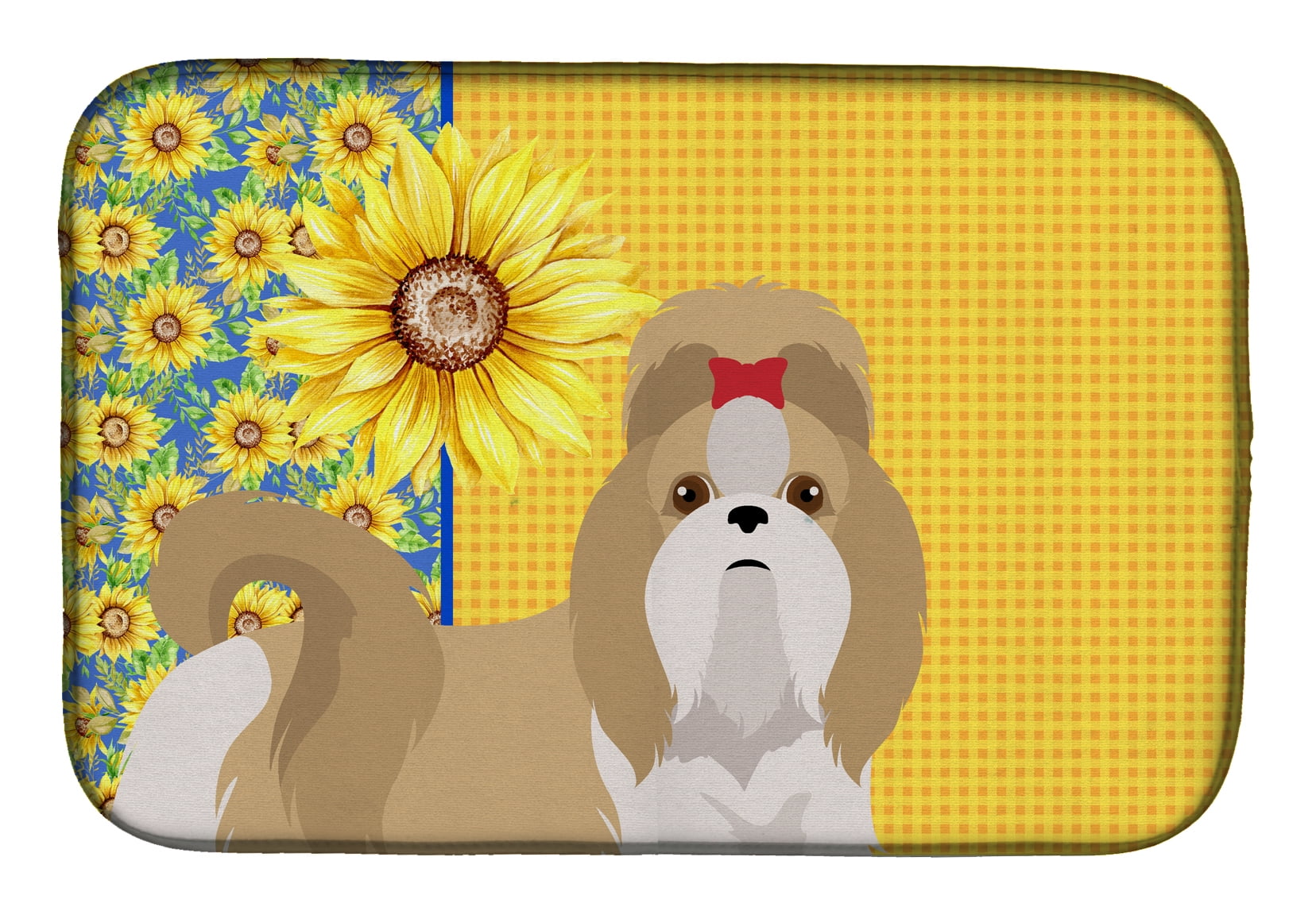 Summer Sunflowers Gold and White Shih Tzu Dish Drying Mat 14 in x 21 in ...