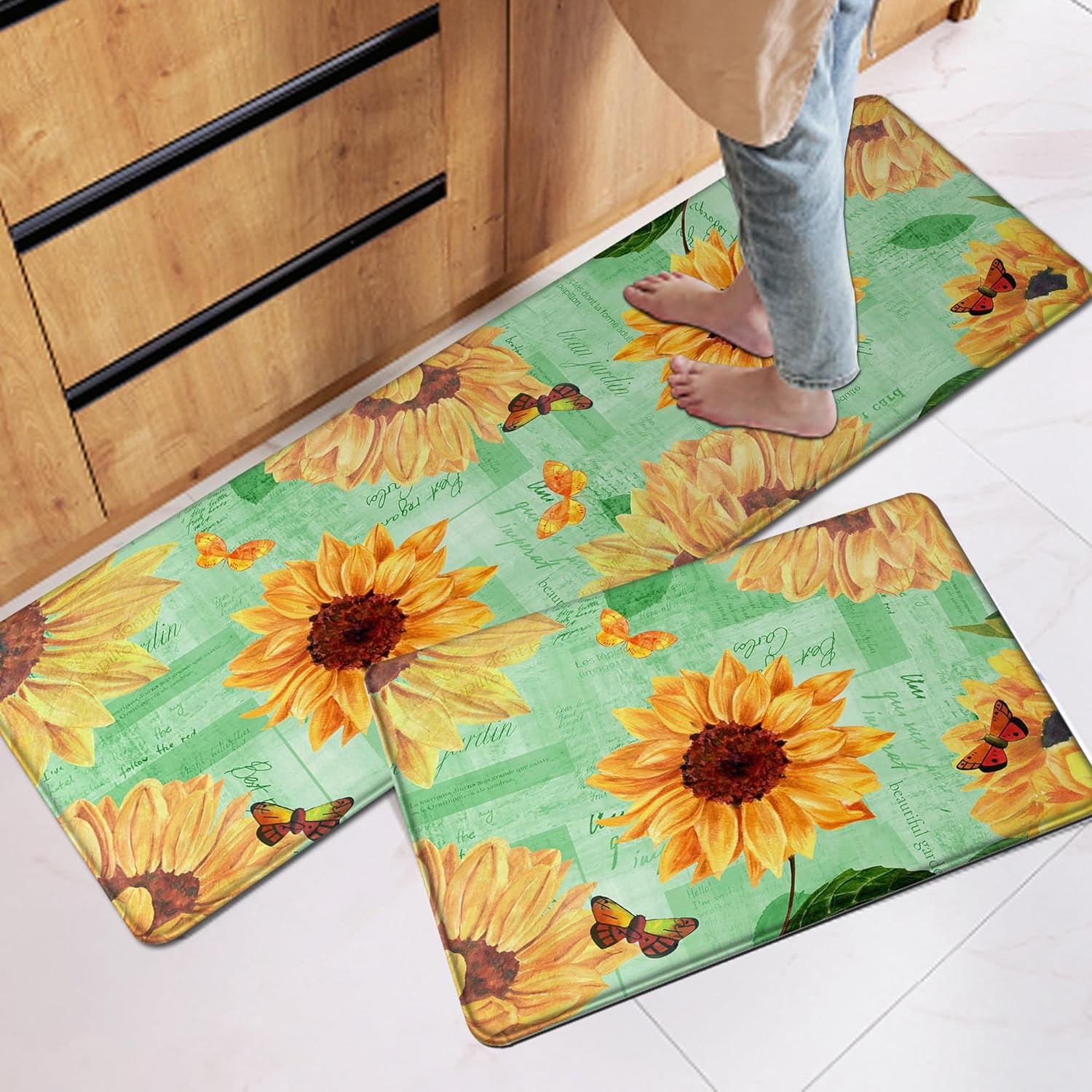 Summer Sunflowers Kitchen Mats Set of 2 Aqua Kitchen Rugs Set Spring ...