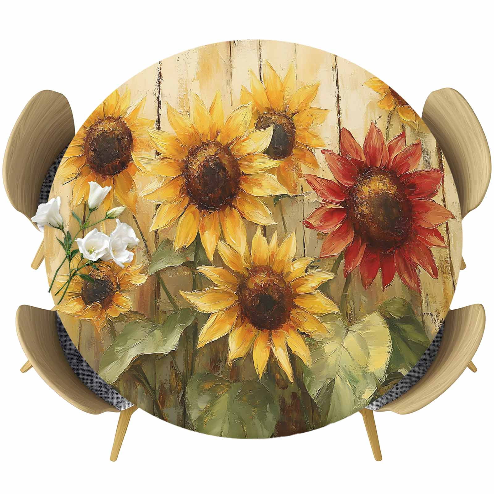 Summer Sunflowers Round Tablecloth 55-60 Inch Round Fitted Table Cloth ...