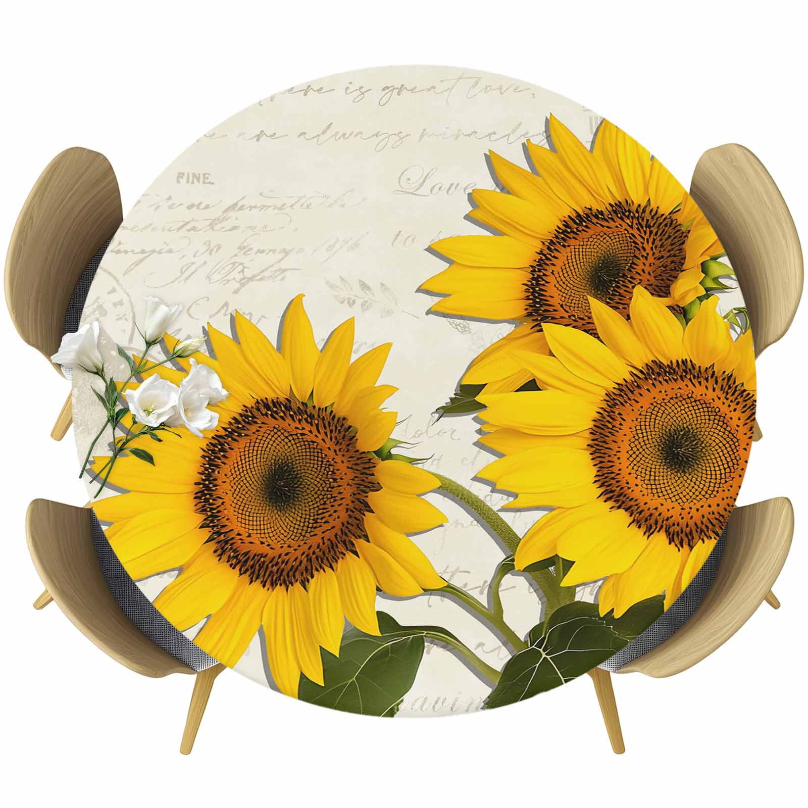 Summer Sunflowers Round Tablecloth, Fitted Table Cover with Elastic for ...