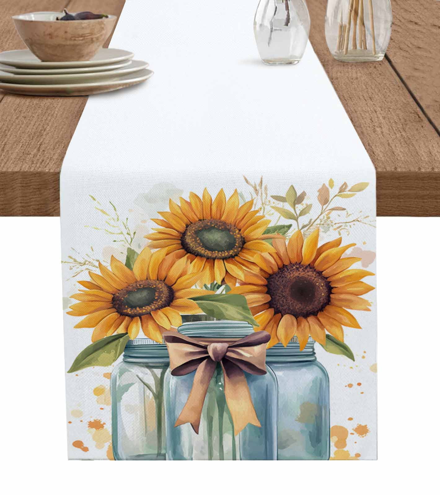 Summer Sunflowers Table Runner 120 Inches, Spring Watercolor Floral ...